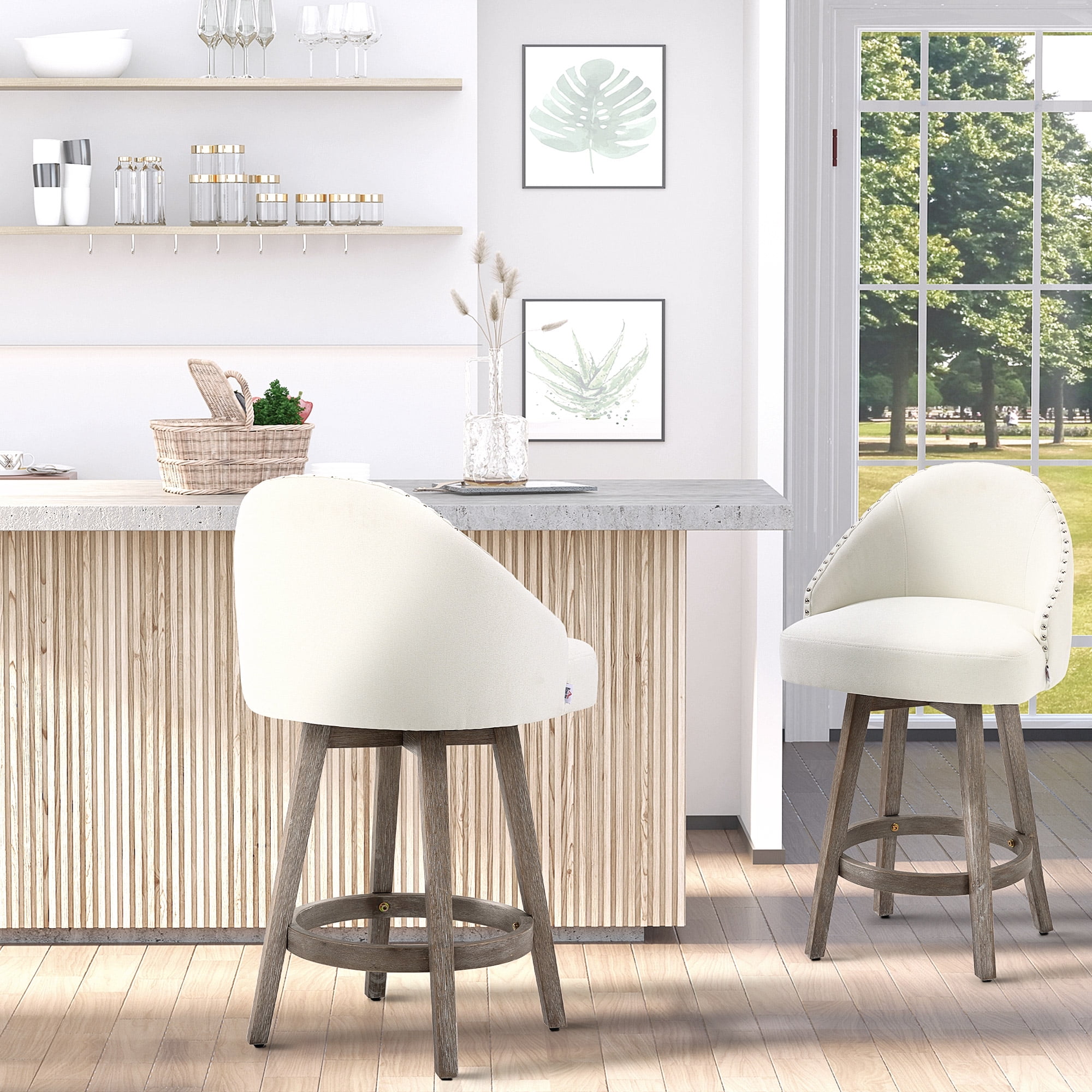 HOMCOM 26" Counter Height Bar Stools, Linen Fabric Kitchen Stools ...
