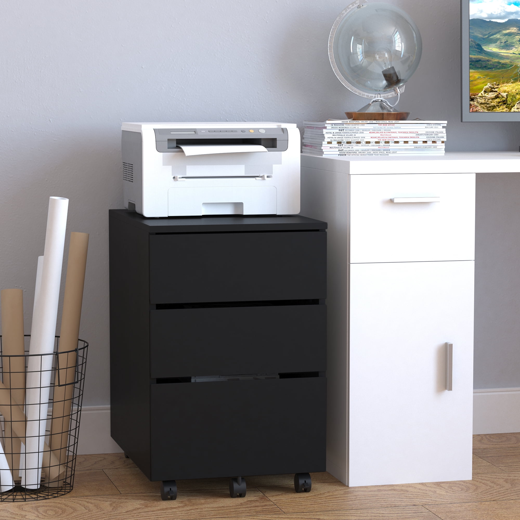 HOMCOM 3 Drawer Mobile Storage Cabinet for Home Office, Black - Walmart.com
