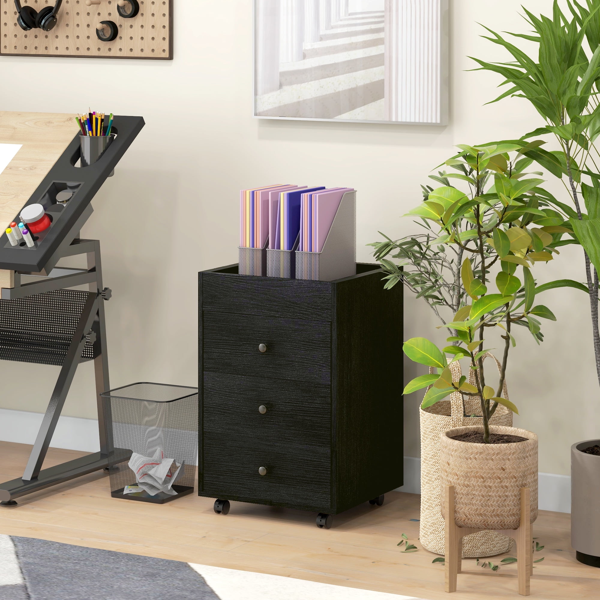 HOMCOM 3 Drawer Storage Cabinet with Wheels Tray for Home Office ...