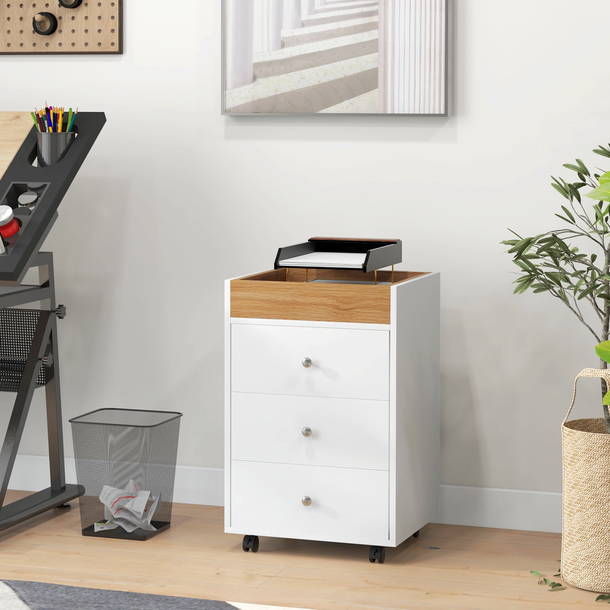 HOMCOM 3 Drawer Storage Cabinet with Wheels Tray for Home Office, White ...