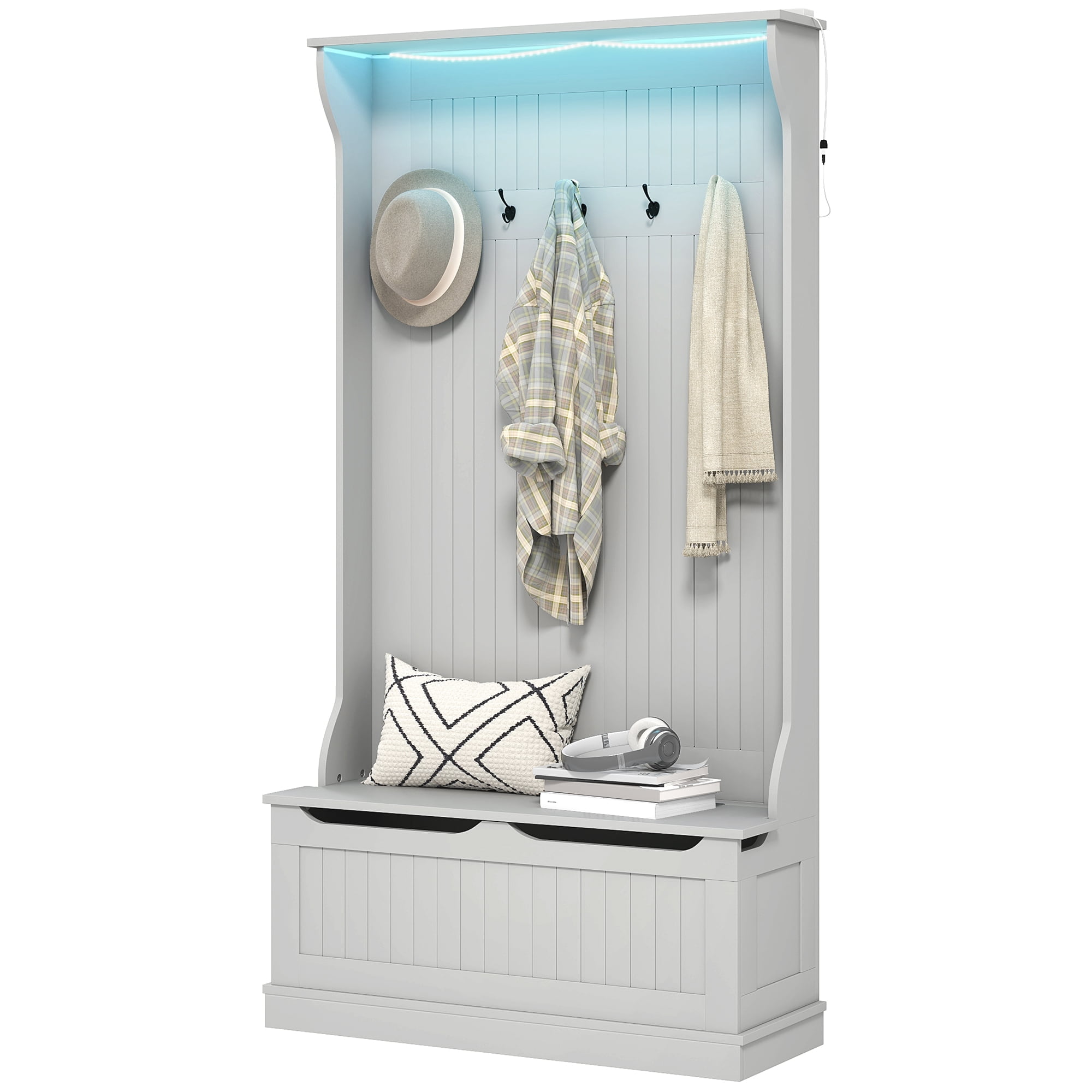 HOMCOM 3-In-1 Hall Tree with Bench and Storage, Coat Rack with LED ...