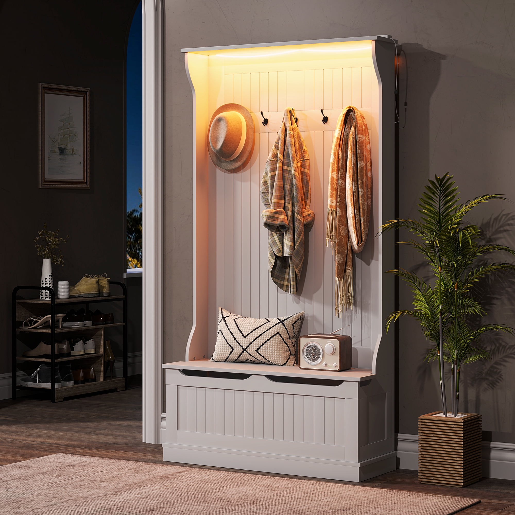 HOMCOM 3-In-1 Hall Tree with Bench and Storage, Coat Rack with LED ...