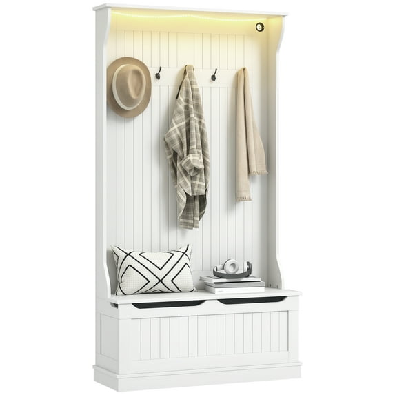 HOMCOM 3-In-1 Hall Tree with Bench and Storage, Coat Rack with LED ...