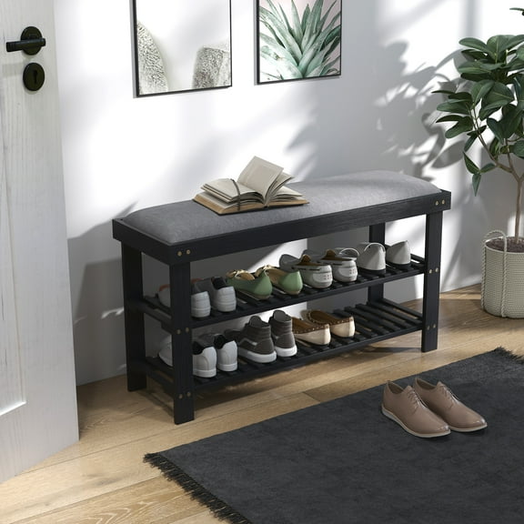Bamboo Shoe Storage Bench, 3-Tier Entryway Bench with Cushion, Shoe ...