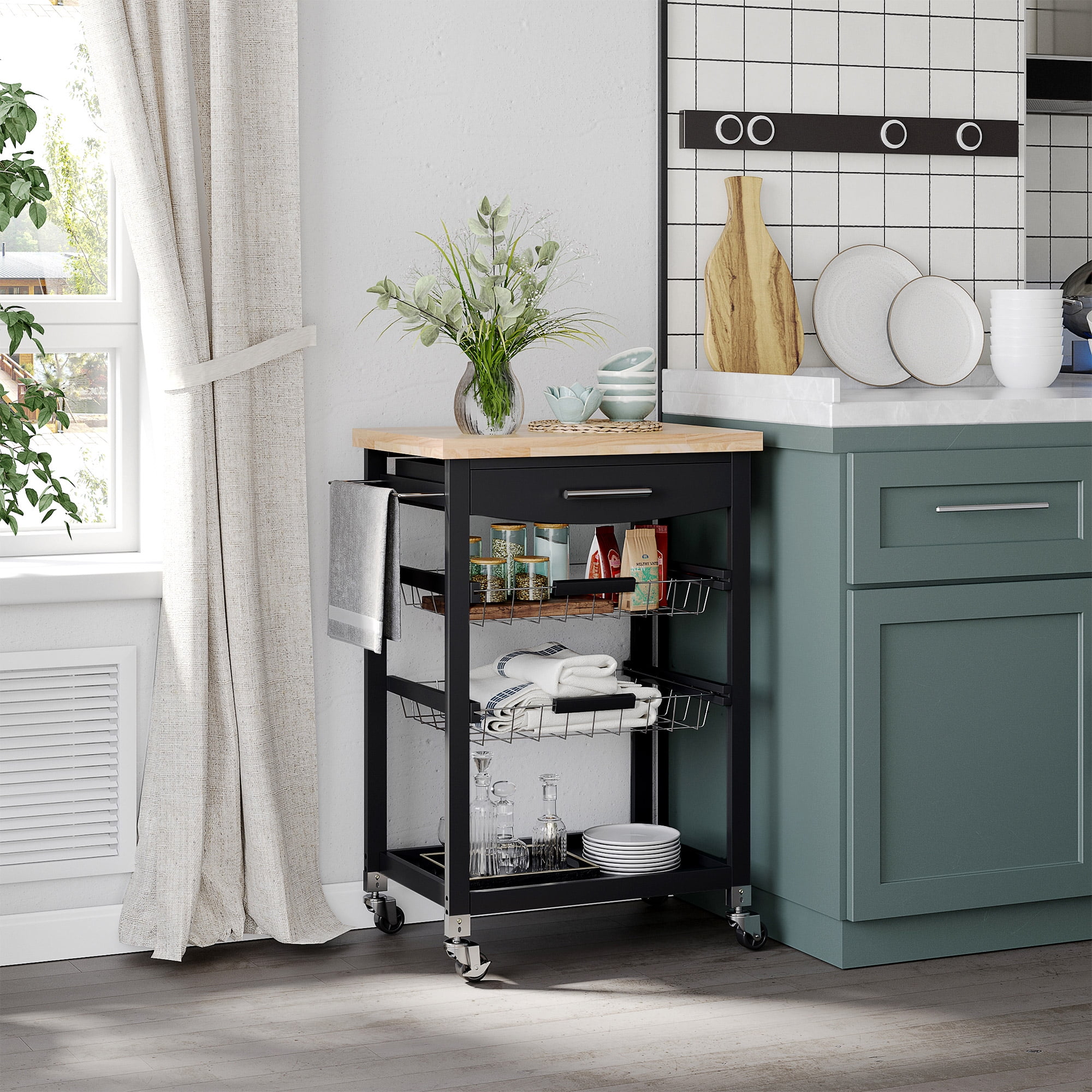 HOMCOM 3-Tier Kitchen Cart with Wood Top, Steel Basket, Rolling Island ...