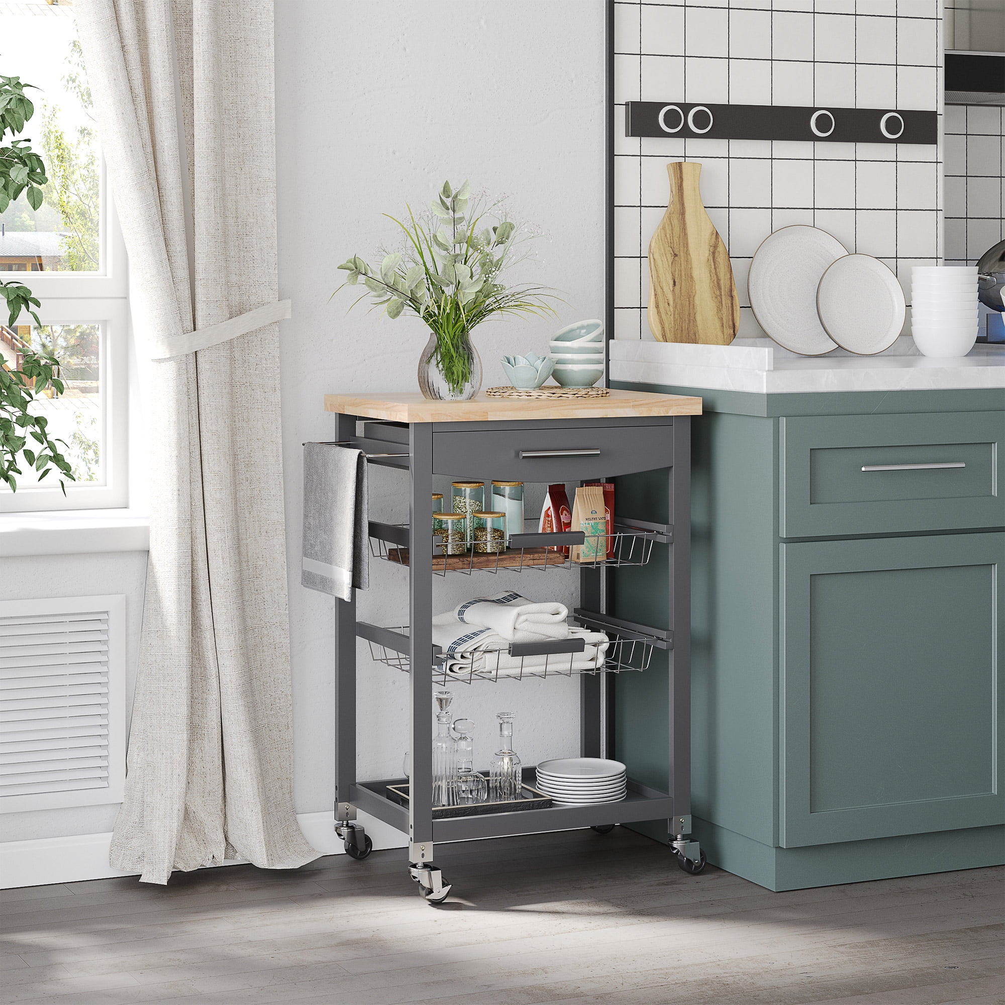 HOMCOM 3-Tier Movable Kitchen Cart with Solid Wood Top, Steel Basket ...