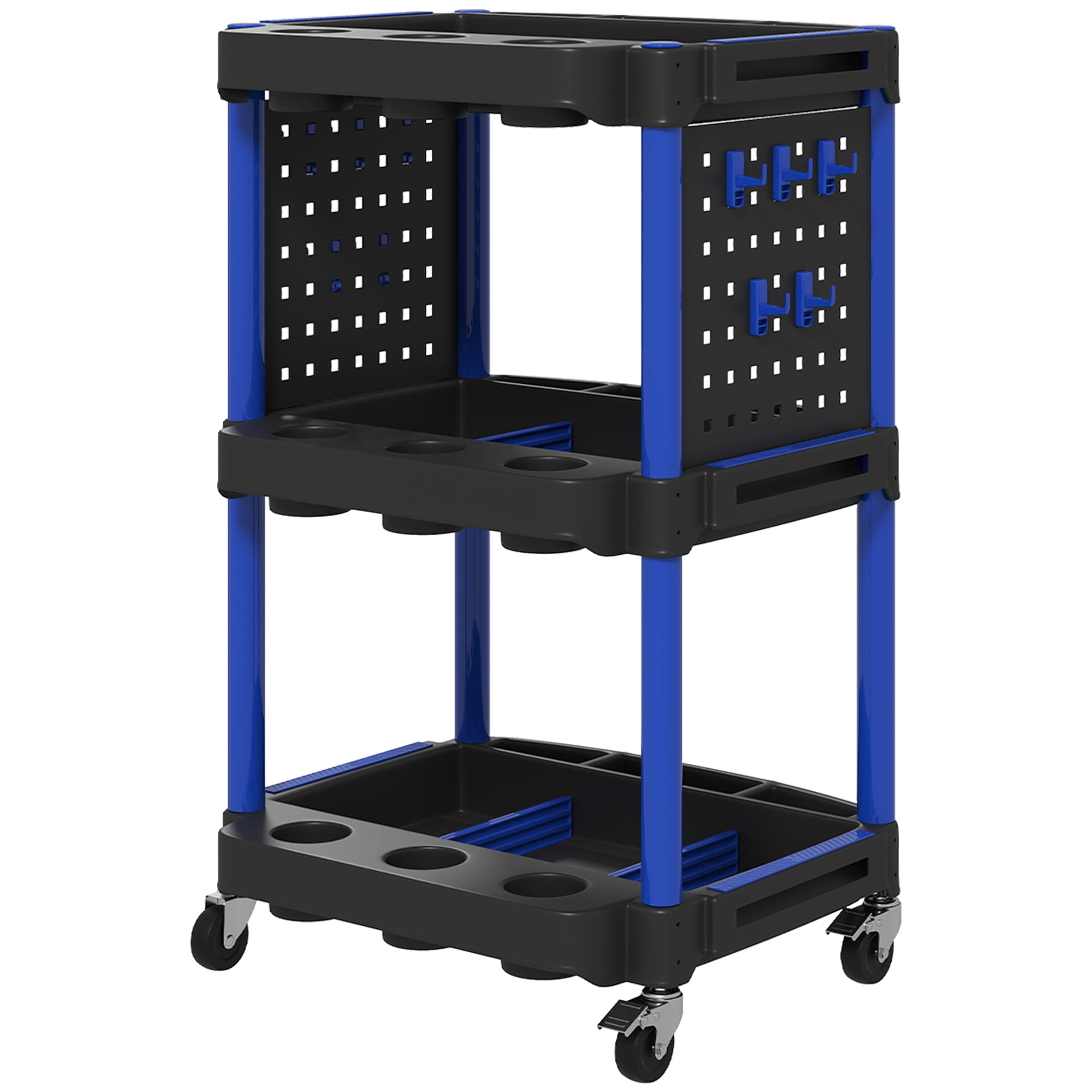 HOMCOM 3-Tier Rolling Tool Cart on Wheels, Plastic Utility Cart, Dark ...