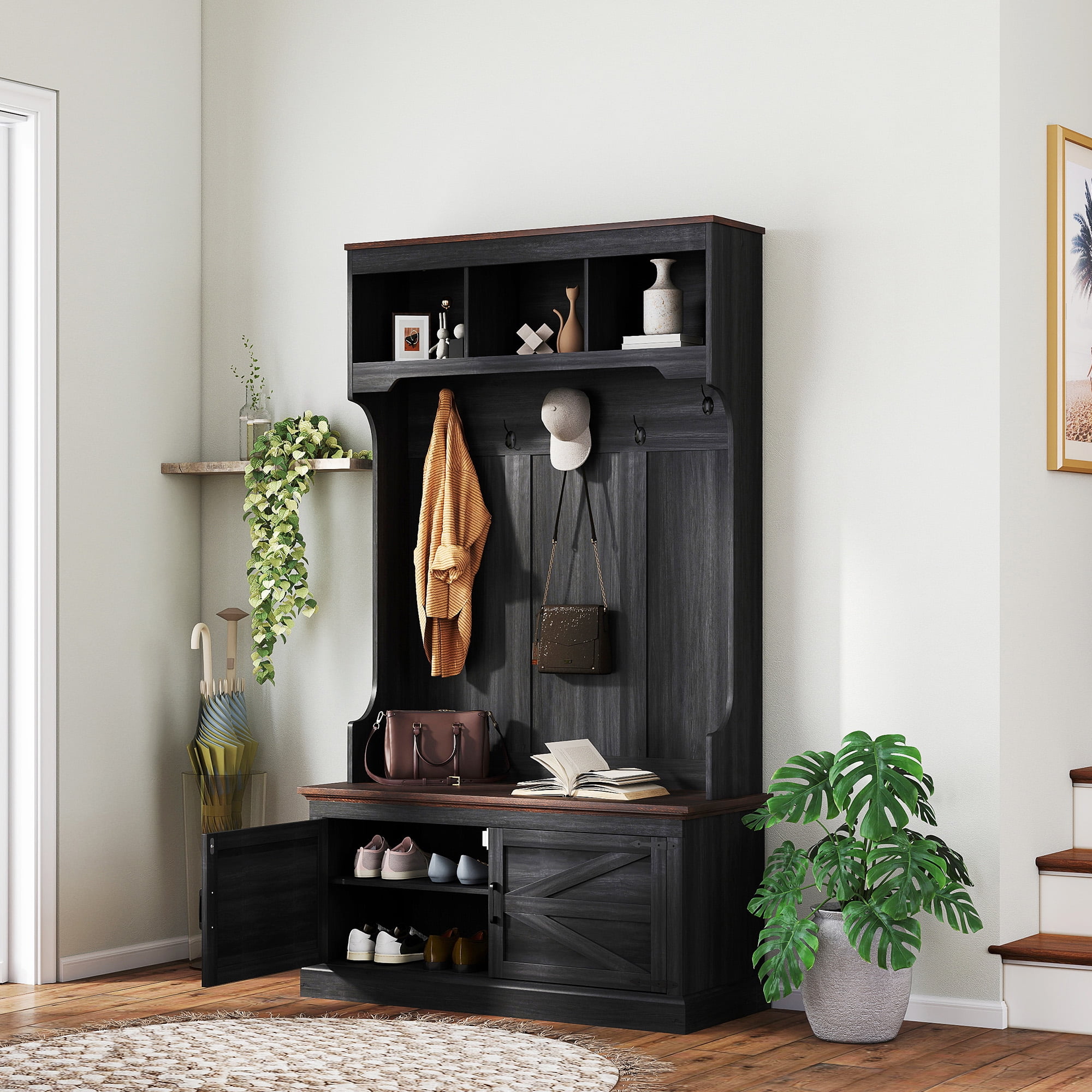 HOMCOM 3-in-1 Hall Tree with Shoe Storage, Standing Coat Rack with Shoe ...