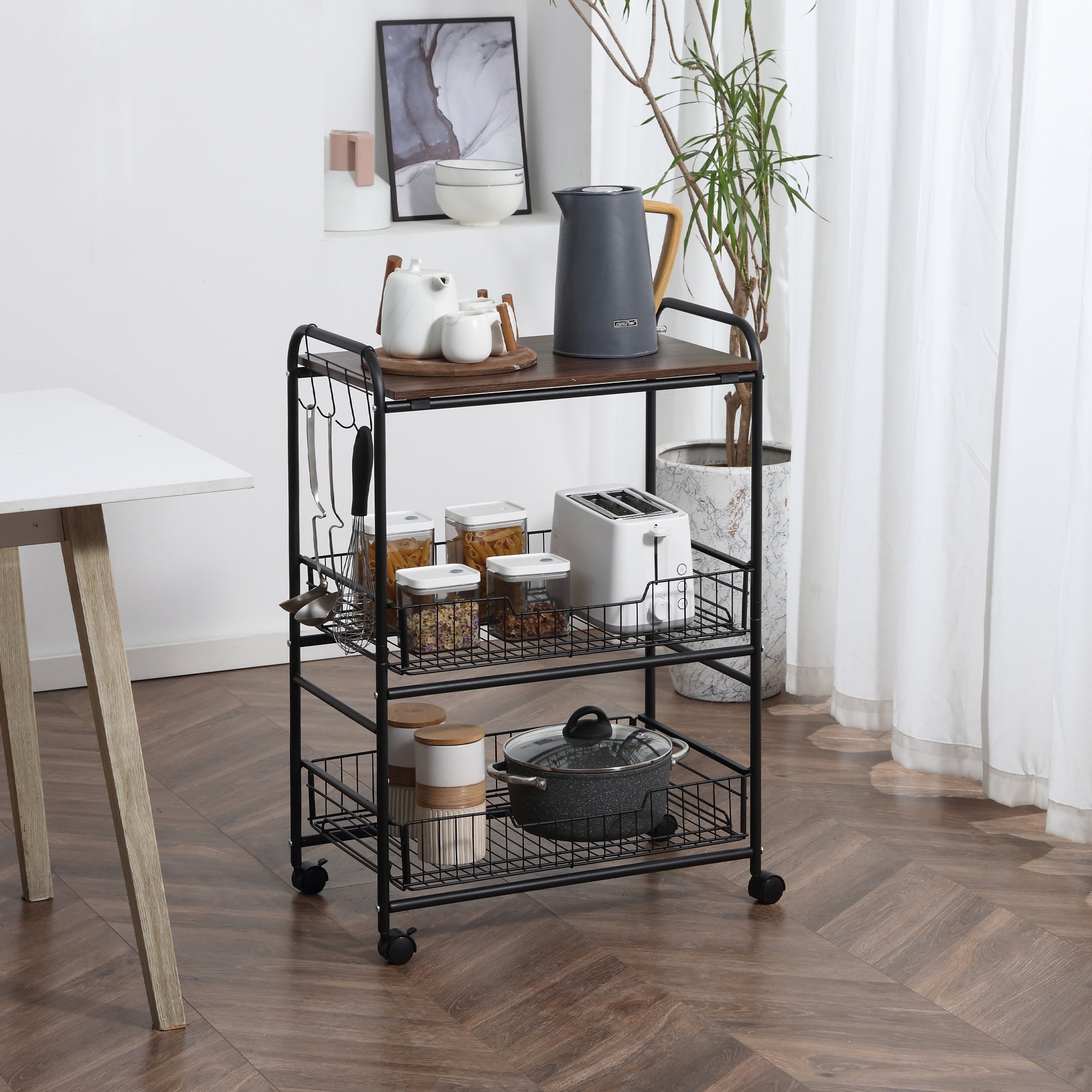 HOMCOM Movable 3-Tier Rolling Cart, Small Space Storage, Slim Kitchen ...