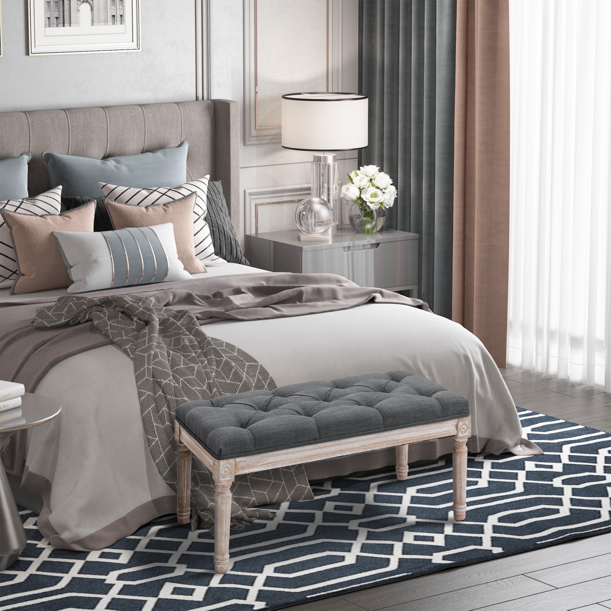 HOMCOM 32" Vintage Ottoman, Tufted Foot Stool, Upholstered Seat, Rustic ...