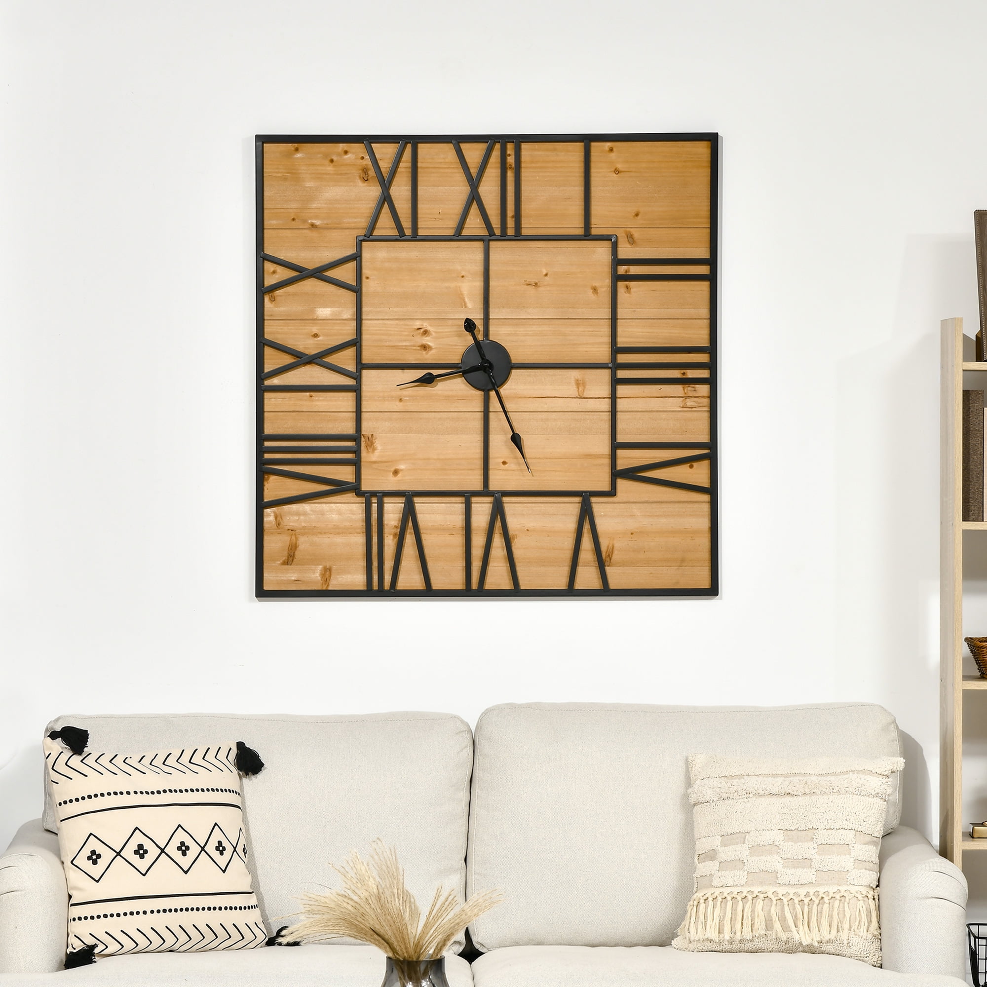 HOMCOM 36 Inch Farmhouse Wall Clock, Square Metal Wood, Silent, Battery ...