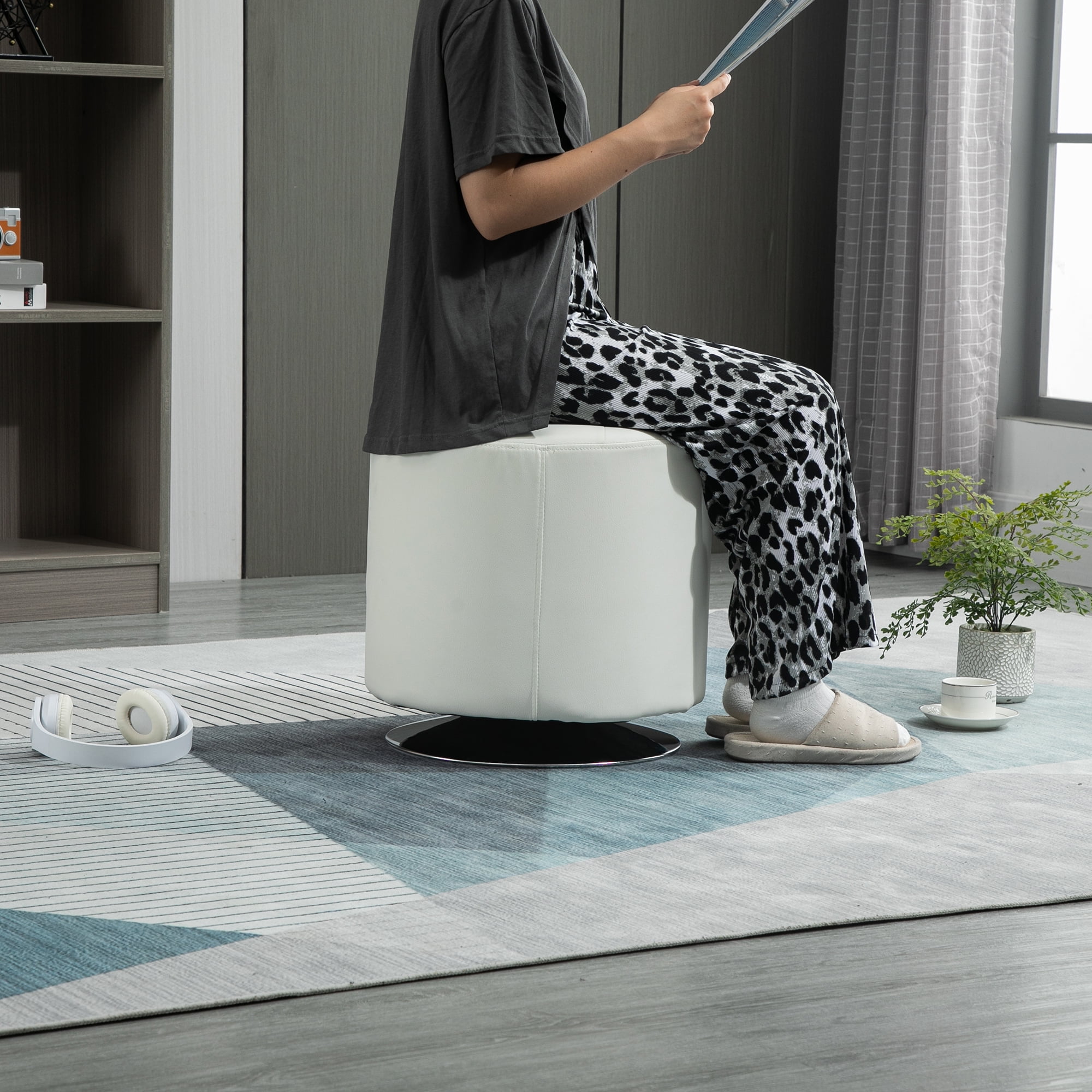 HOMCOM 360° Swivel Foot Stool Round PU Ottoman with Thick Sponge ...