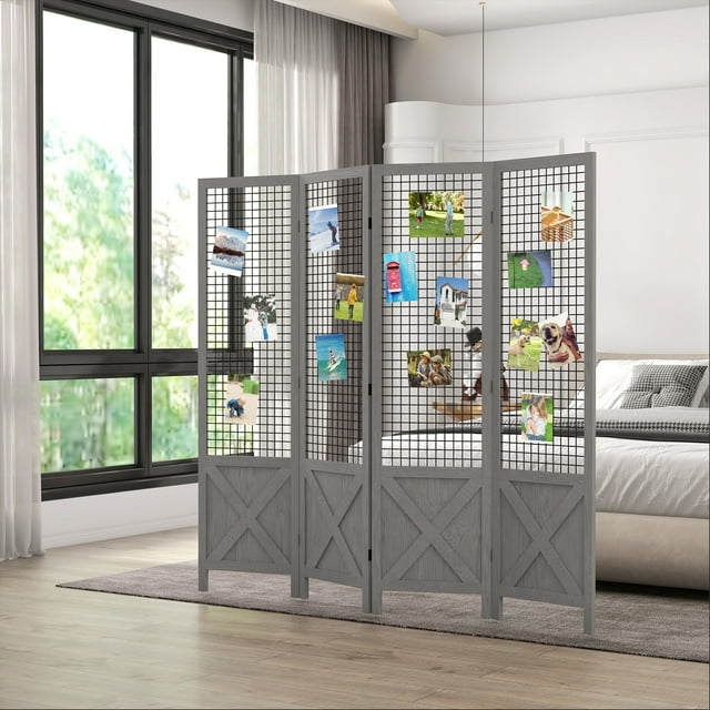 HOMCOM 4.7' 4 Panel Room Divider, Indoor Privacy Screens for Home, Gray ...