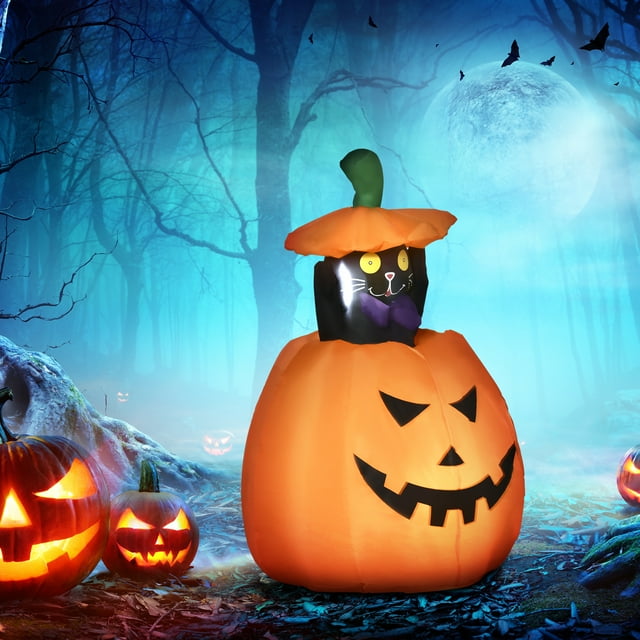 HOMCOM 4' LED Pumpkin Cat Halloween Inflatable, Blow Up Outdoor Yard ...