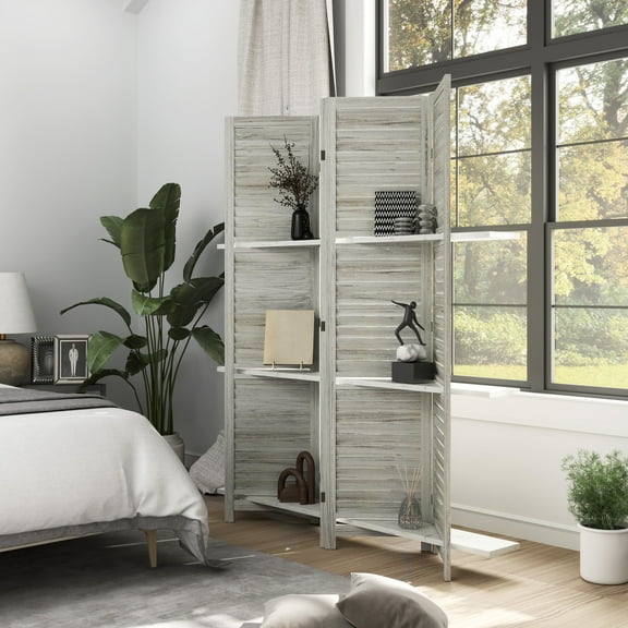 6-Panel Folding Room Divider with 3 Storage Shelves, Distressed White ...
