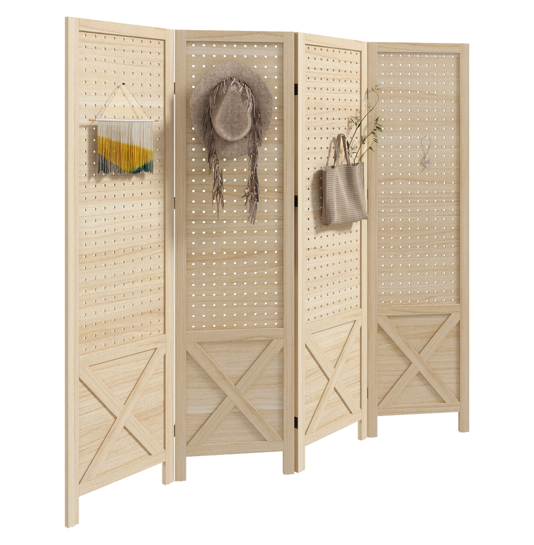 HOMCOM 4 Panel Pegboard Room Divider - 4.7' Wood Folding Privacy Screen ...