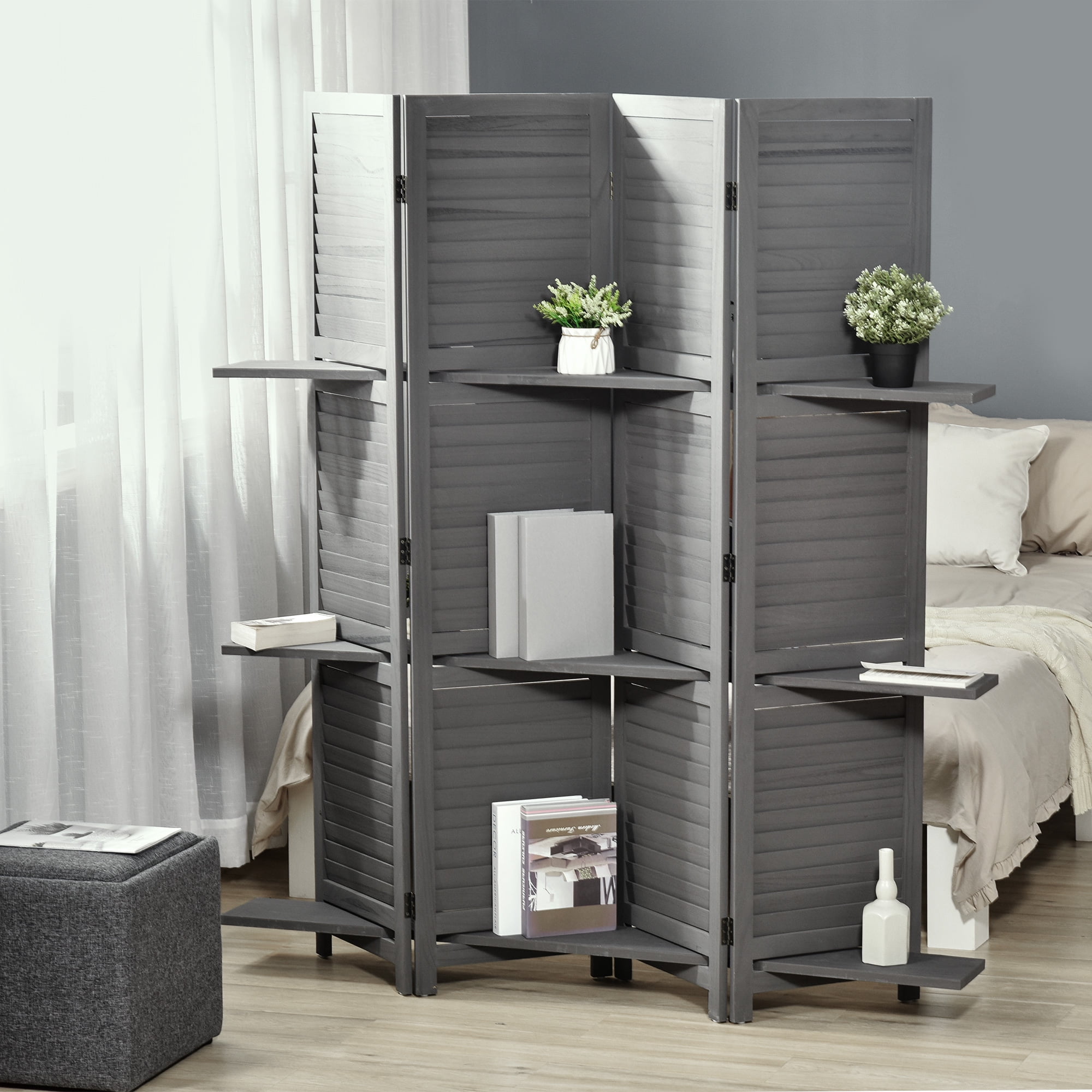 HOMCOM 4 Panel Wood Privacy Screen Room Divider with 3 Shelves 67" Grey ...