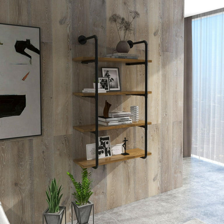 HOMCOM 4 Tier Industrial Pipe Shelves Floating Wall Mounted Bookshelf Metal Frame Display Rack 1.25 Thickness Shelving Unit for Farmhouse Kitchen