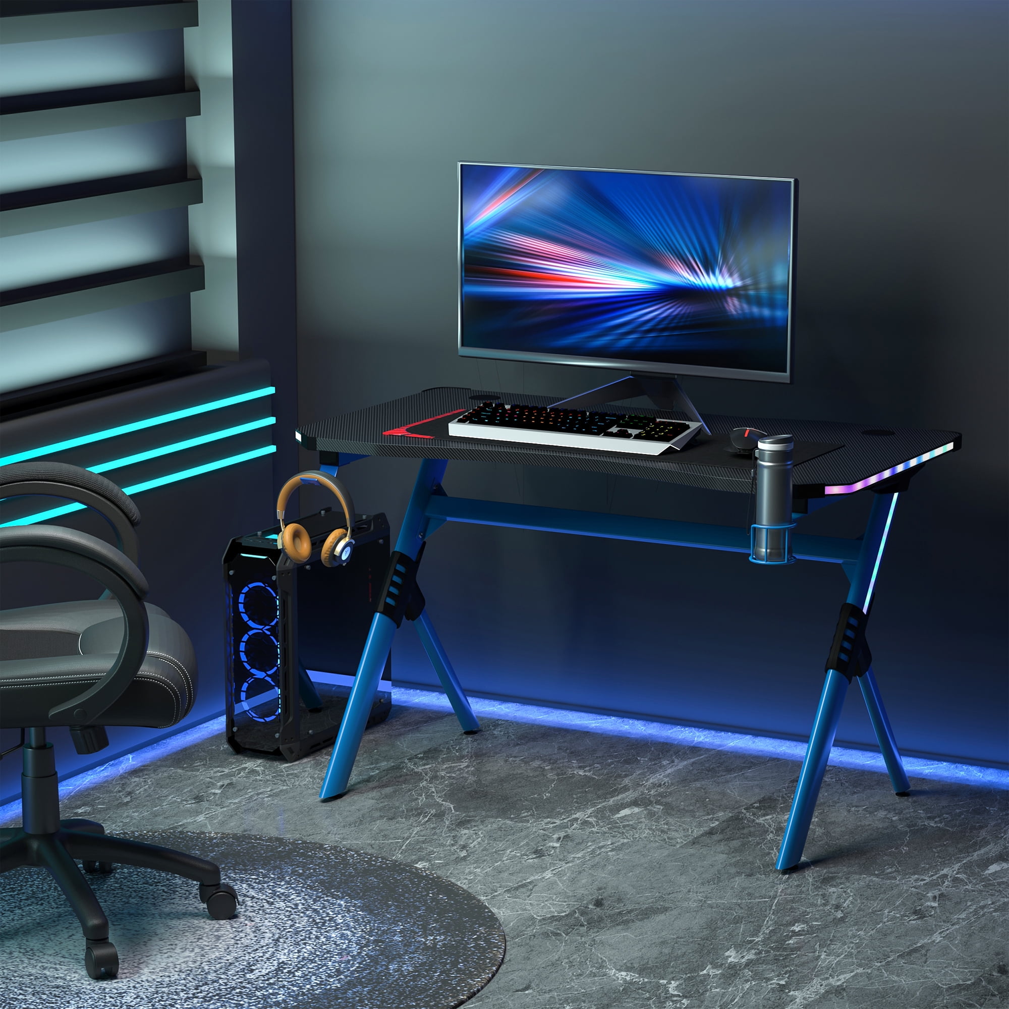 HOMCOM 43in Gaming Desk with RGB LED Lights Racing Style Gaming Table ...