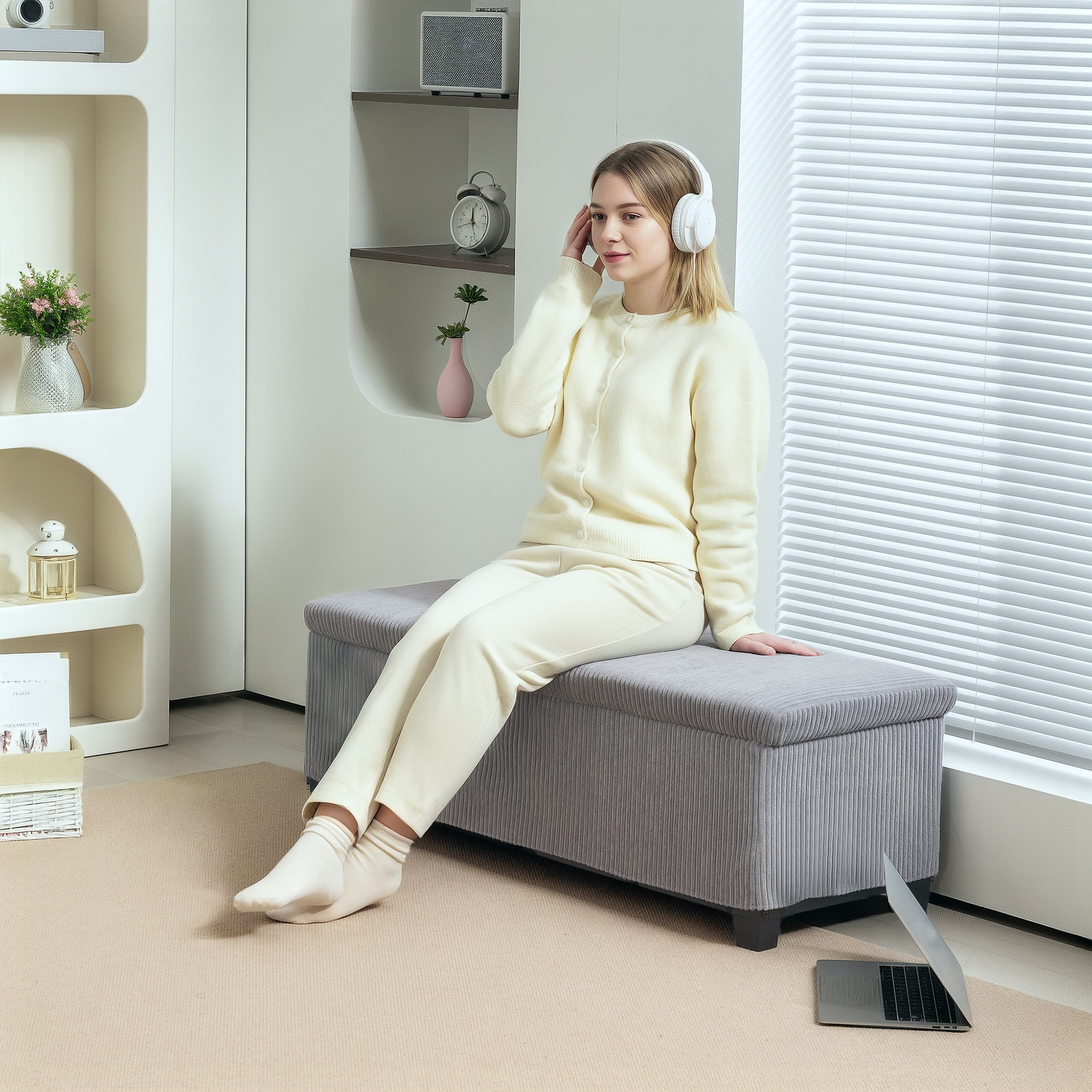 HOMCOM 44 Inches Storage Ottoman Bench, Corduroy End of Bed Foot Rest ...