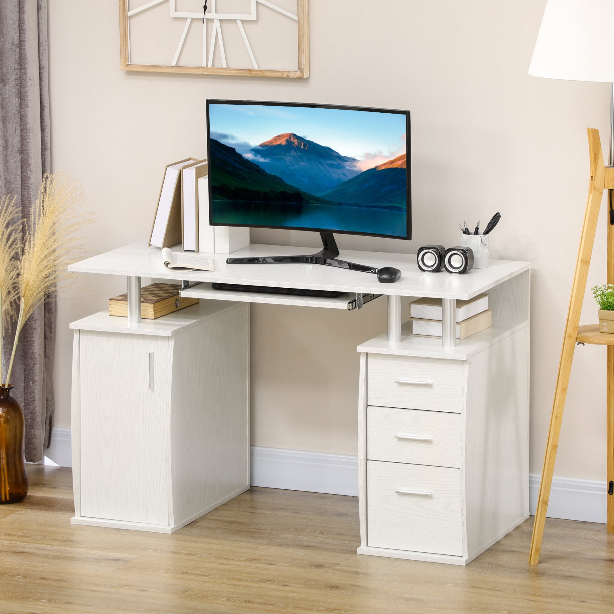 "HOMCOM 47"" Wooden Desk with Keyboard Tray, Drawers, Shelves, Home ...