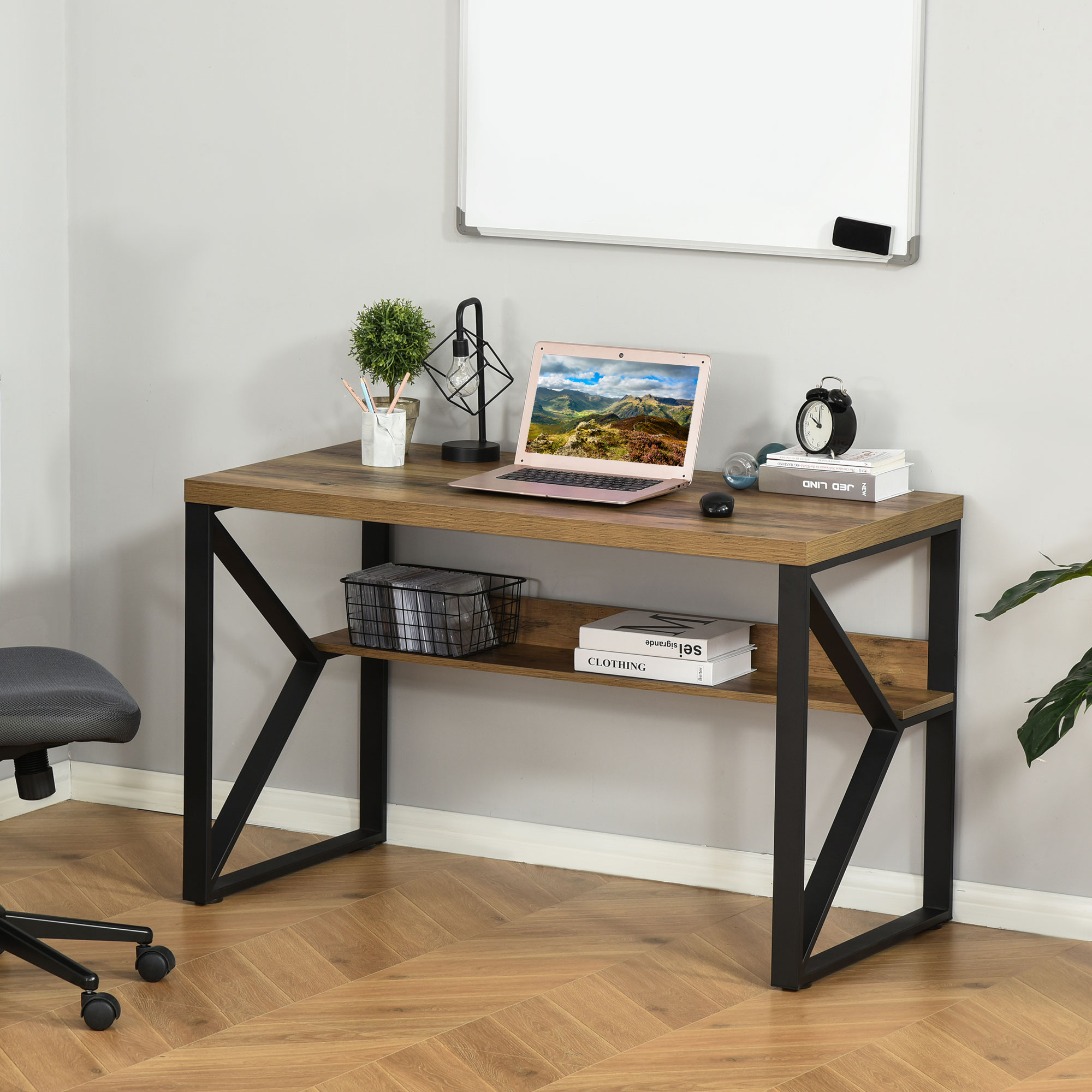 HOMCOM 47 Inch Industrial Writing Desk with Storage Shelf, Computer ...