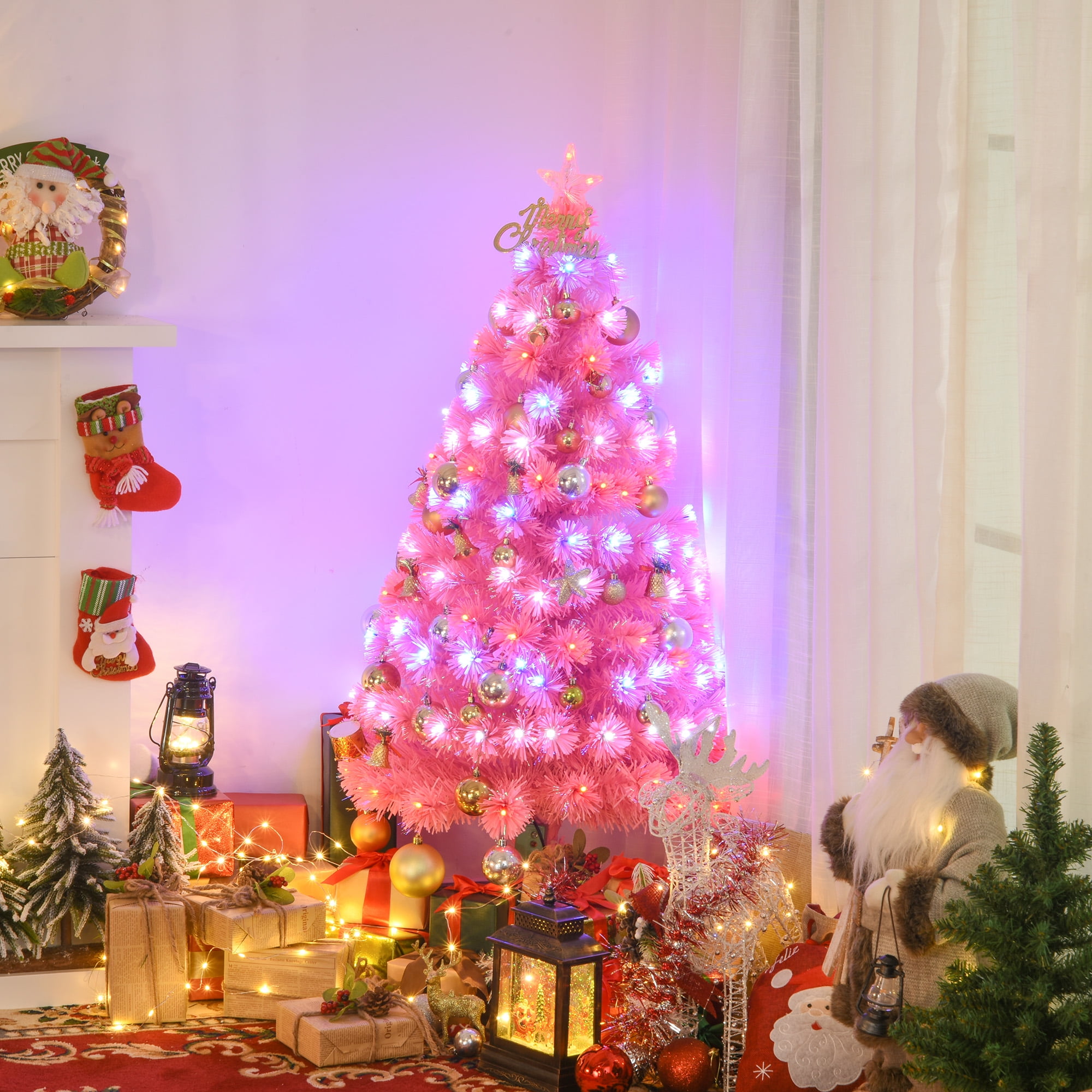 HOMCOM Pre-Lit 4ft Pink Artificial Christmas Tree with 130 Fiber Optic ...