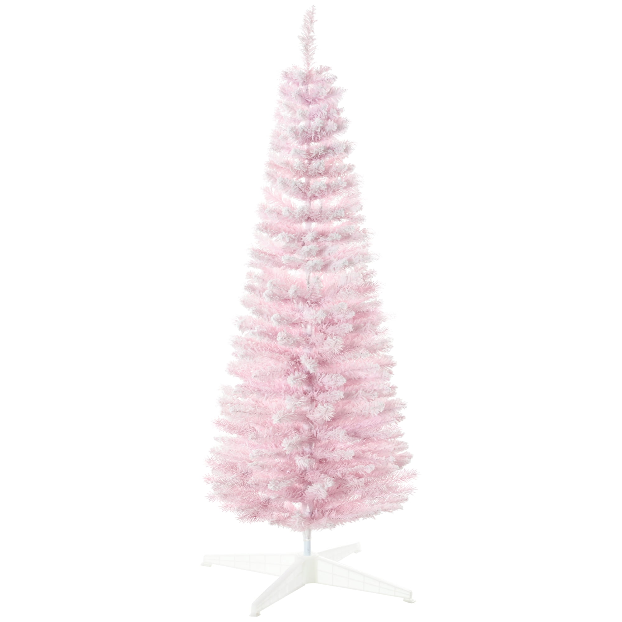 HOMCOM 5' Snow Flocked Artificial Christmas Tree Slim with Stand, Pink ...