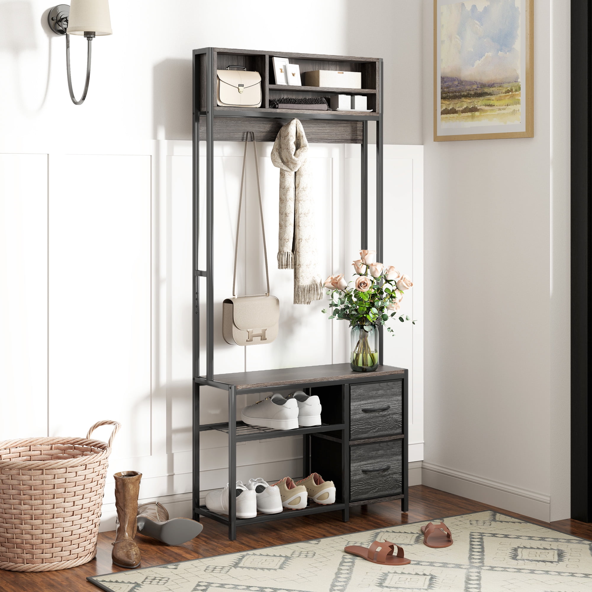 HOMCOM 5-in-1 Hall Tree with Bench and Shoe Storage, Entryway Bench ...