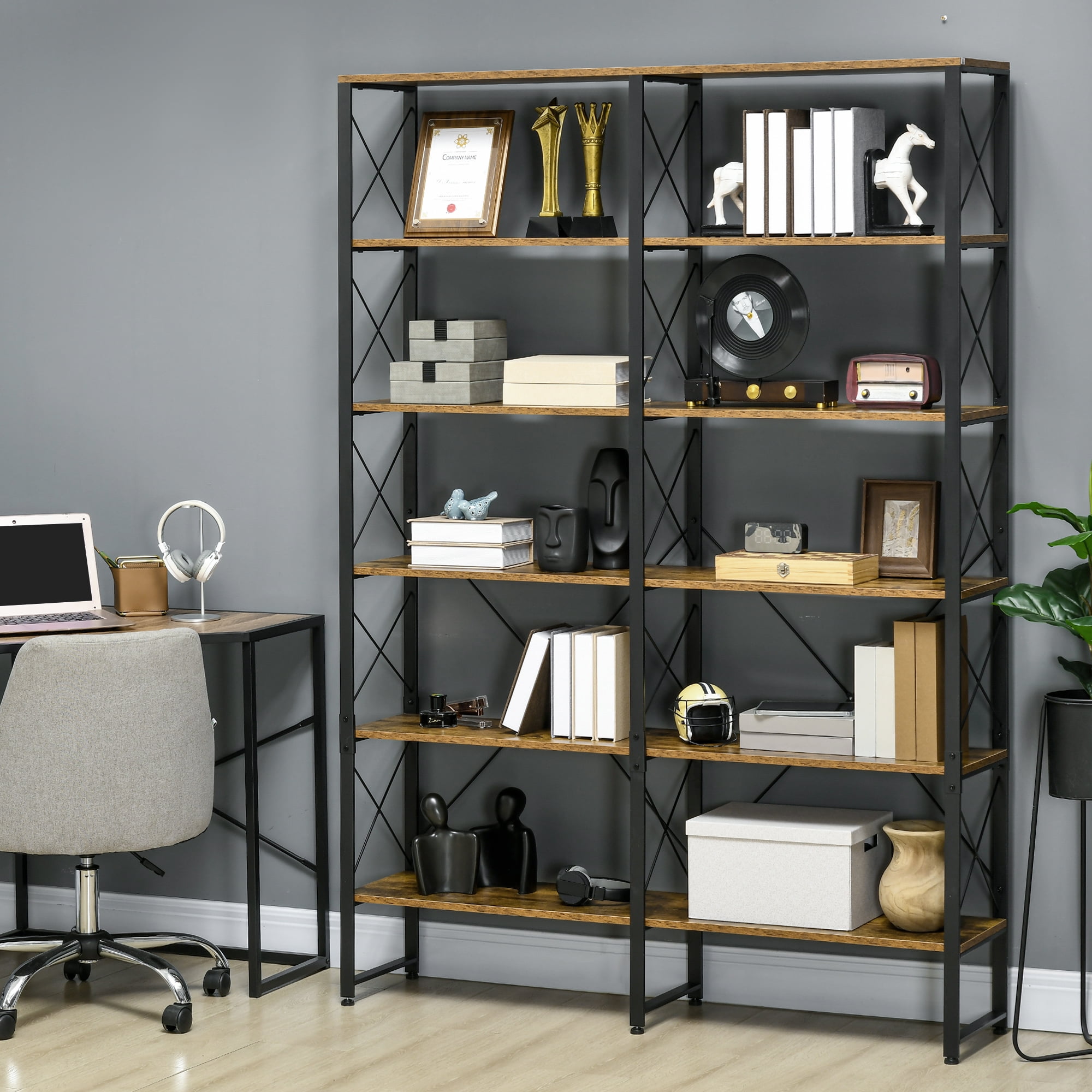 HOMCOM 5-tier Bookshelf Bookcase with Steel Frame, Rustic Brown ...