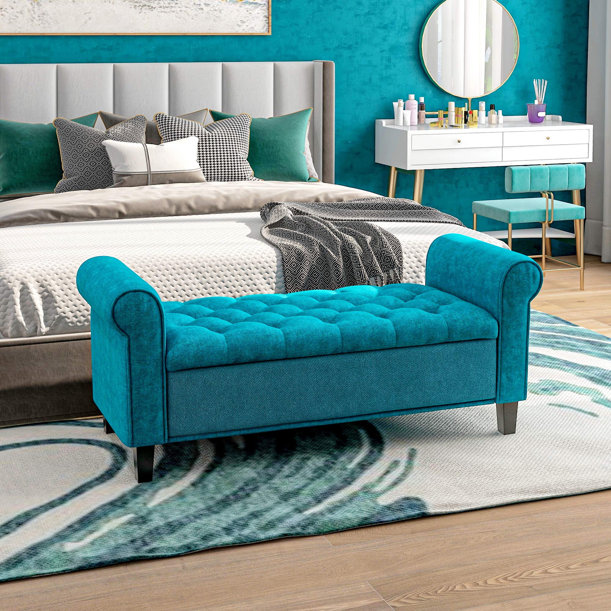"HOMCOM Teal Bedroom 50"" Bed End Bench with Ottoman and Storage ...