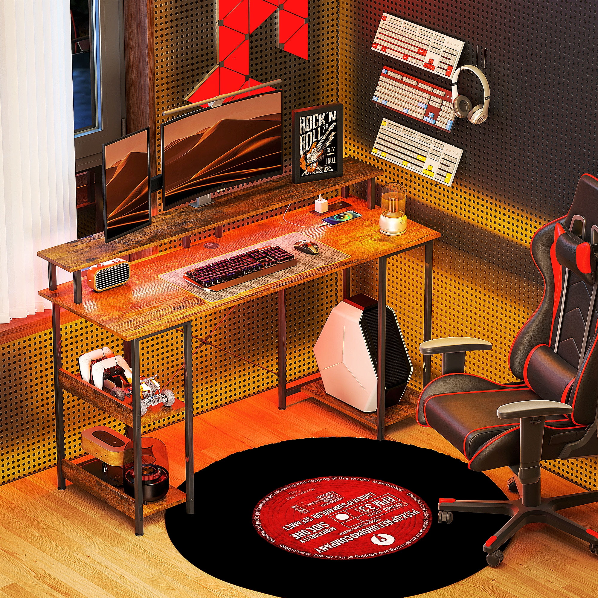 HOMCOM 55" Reversible Computer Desk with Power Outlets and LED Lights ...