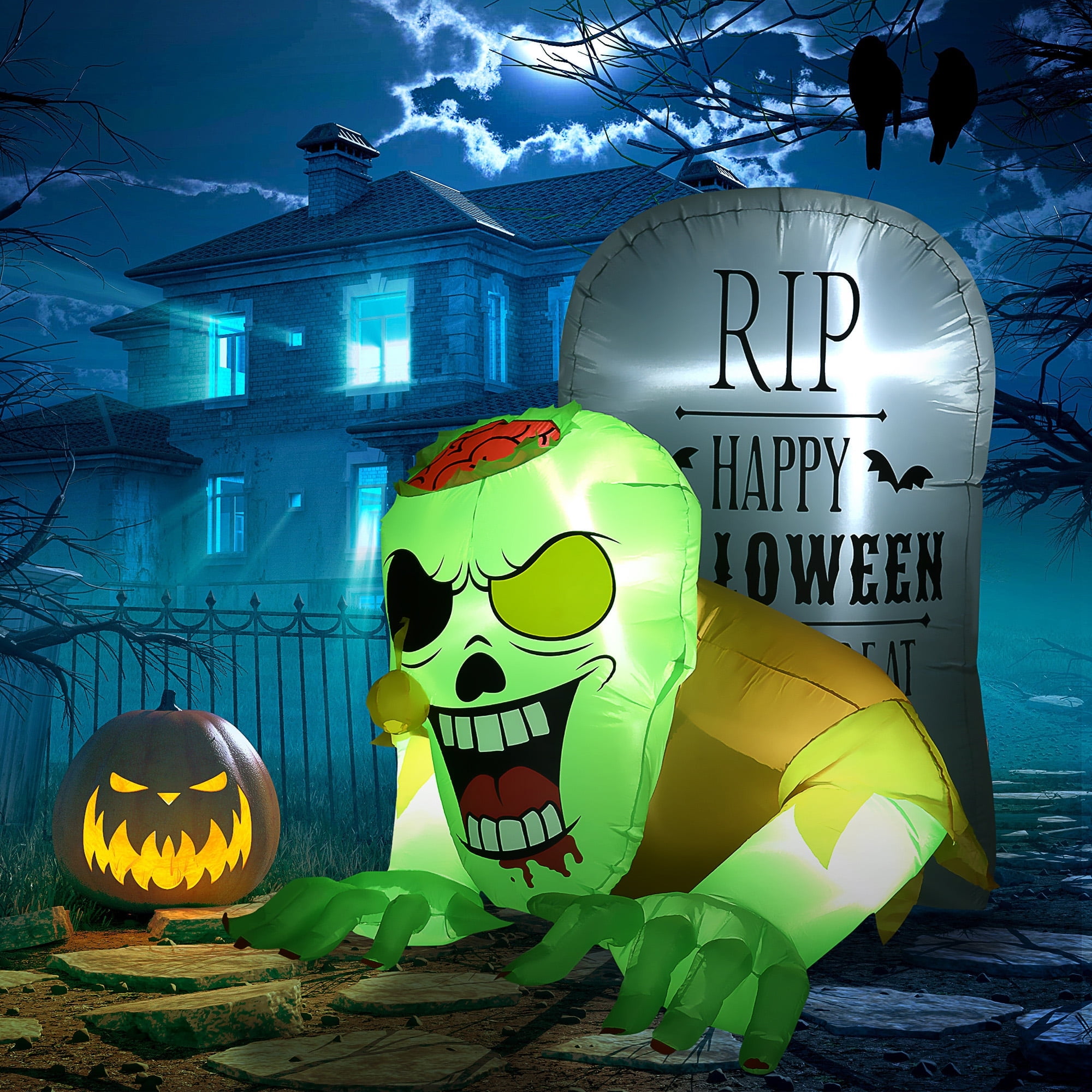 "HOMCOM Outdoor Halloween Decoration: 59"" Inflatable Zombie Tombstone ...