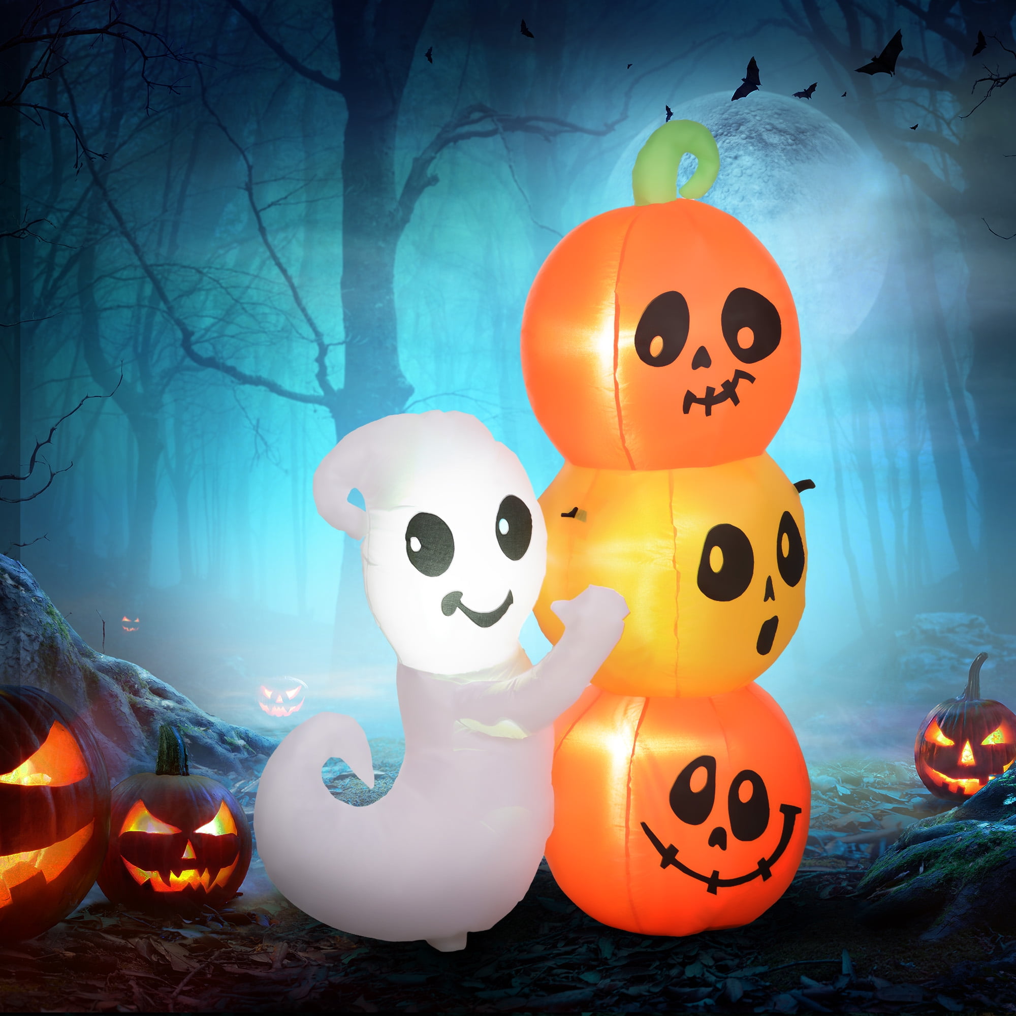 HOMCOM 5ft Inflatable Halloween Ghost and Pumpkin, Outdoor LED Display ...
