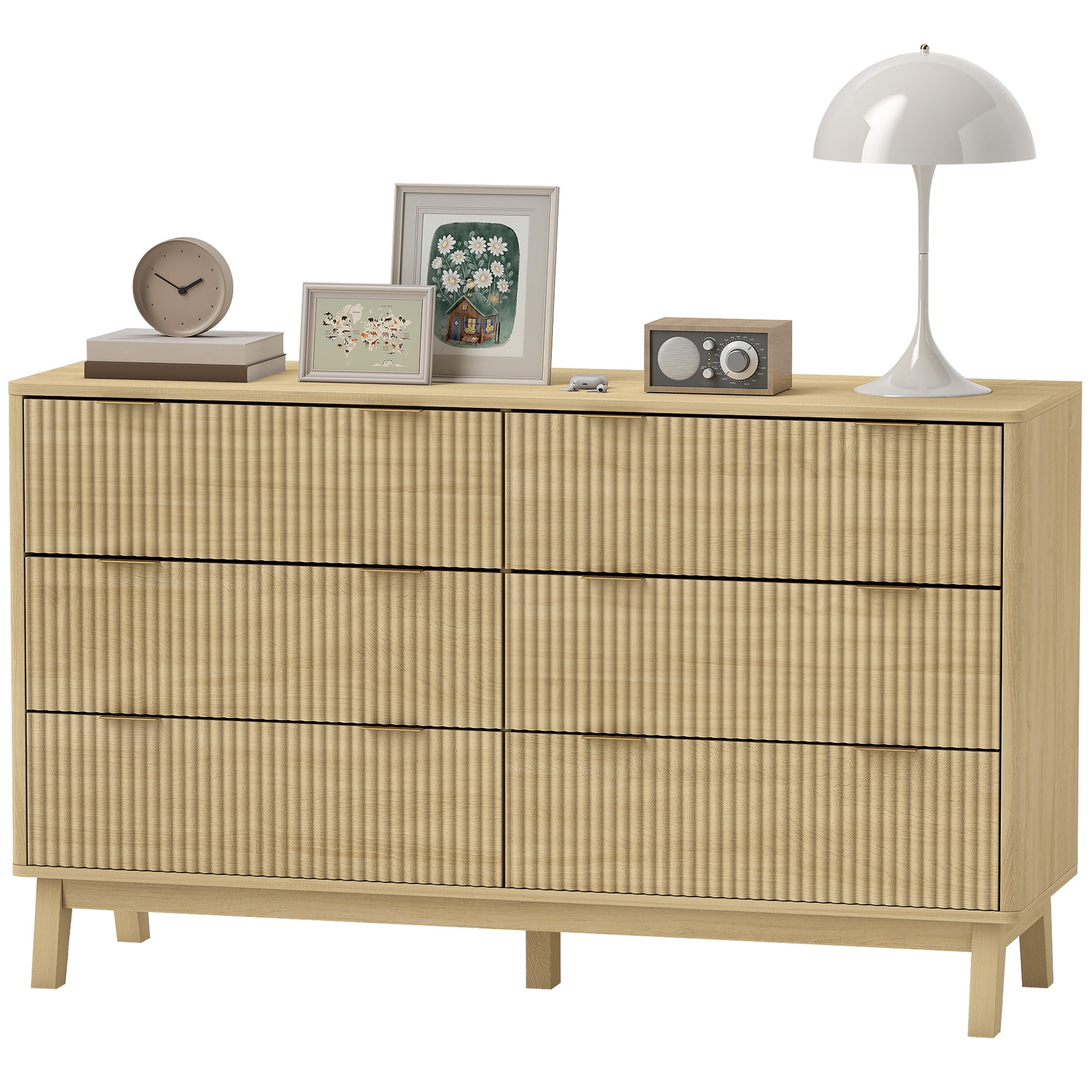 HOMCOM 6 Drawer Dresser for Bedroom, Fluted Chest of Drawers, Natural ...