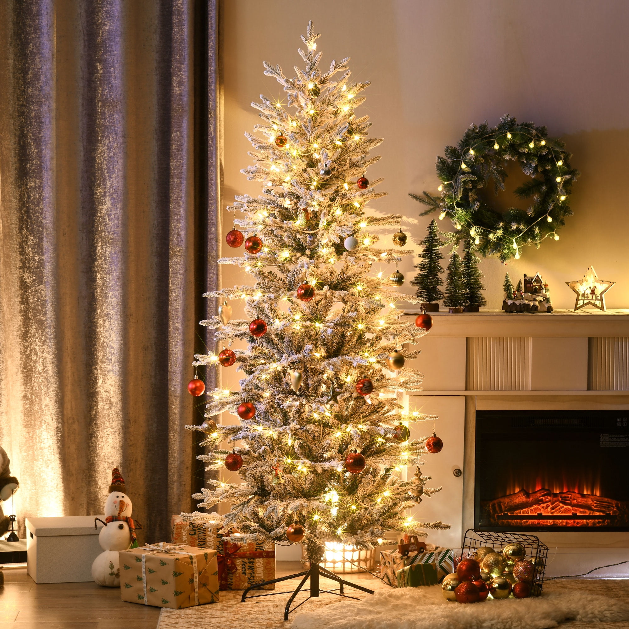 HOMCOM 6' Flocked Artificial Christmas Tree with Warm Yellow Lights and ...