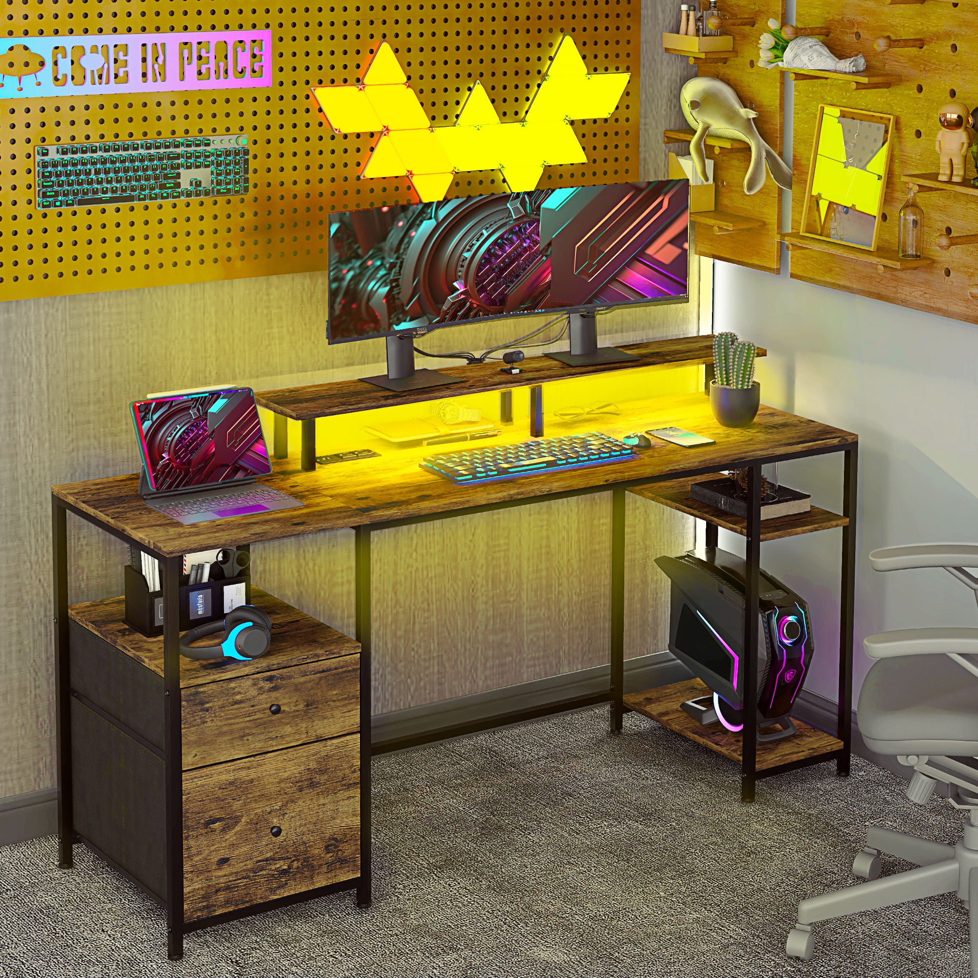 HOMCOM 61" Computer Desk with LED Lights, Power Outlets, USB Ports ...