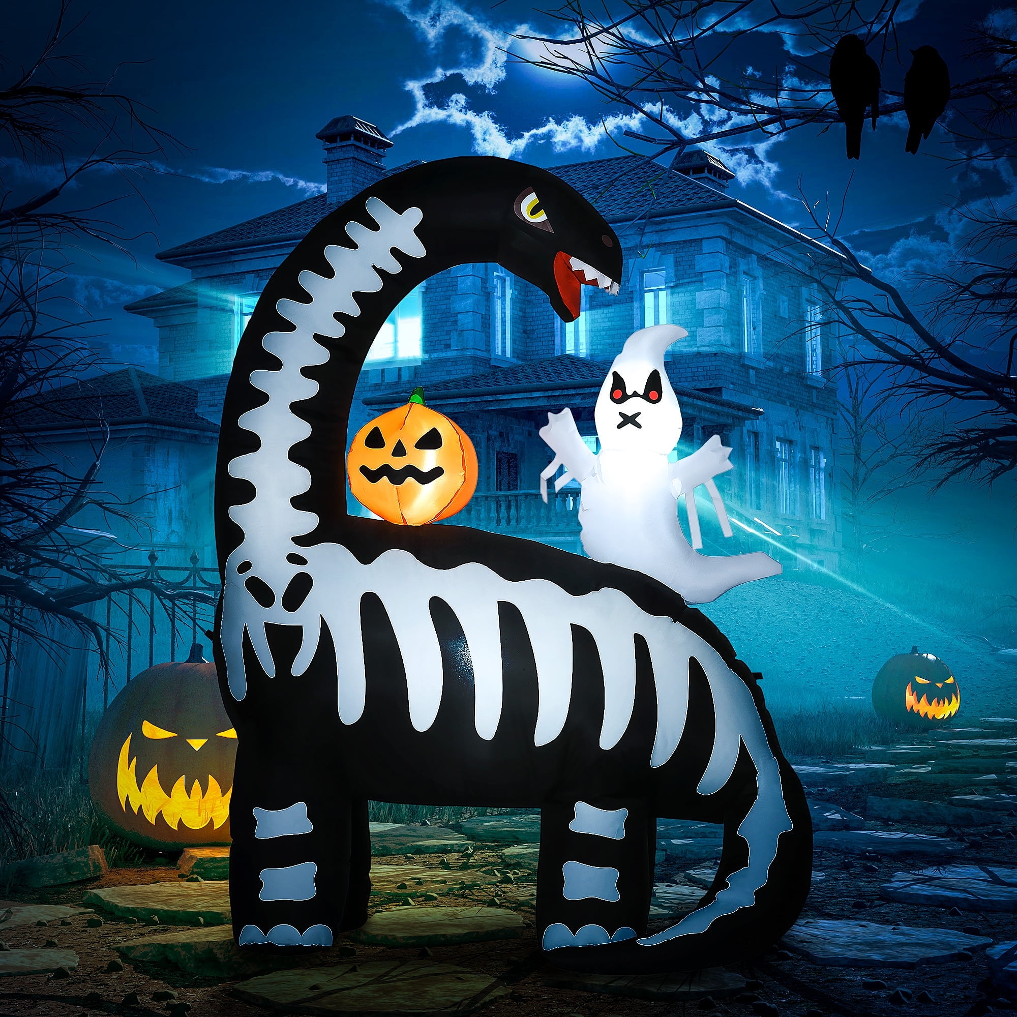 HOMCOM Giant 6FT Halloween Inflatable Dinosaur with Ghost & Pumpkin LED ...