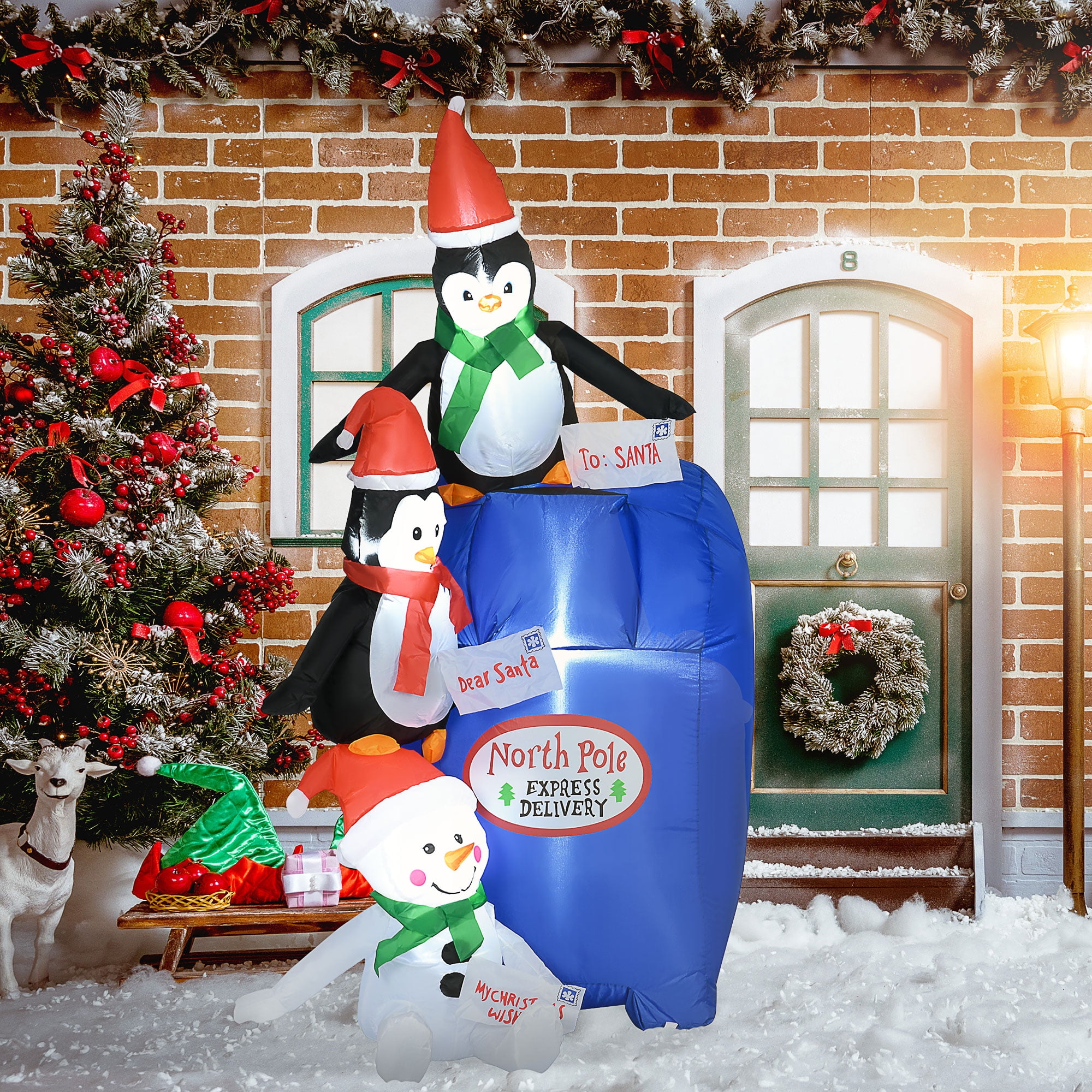 HOMCOM 6ft Christmas Inflatable Penguins Mailbox Scene Holiday Yard ...