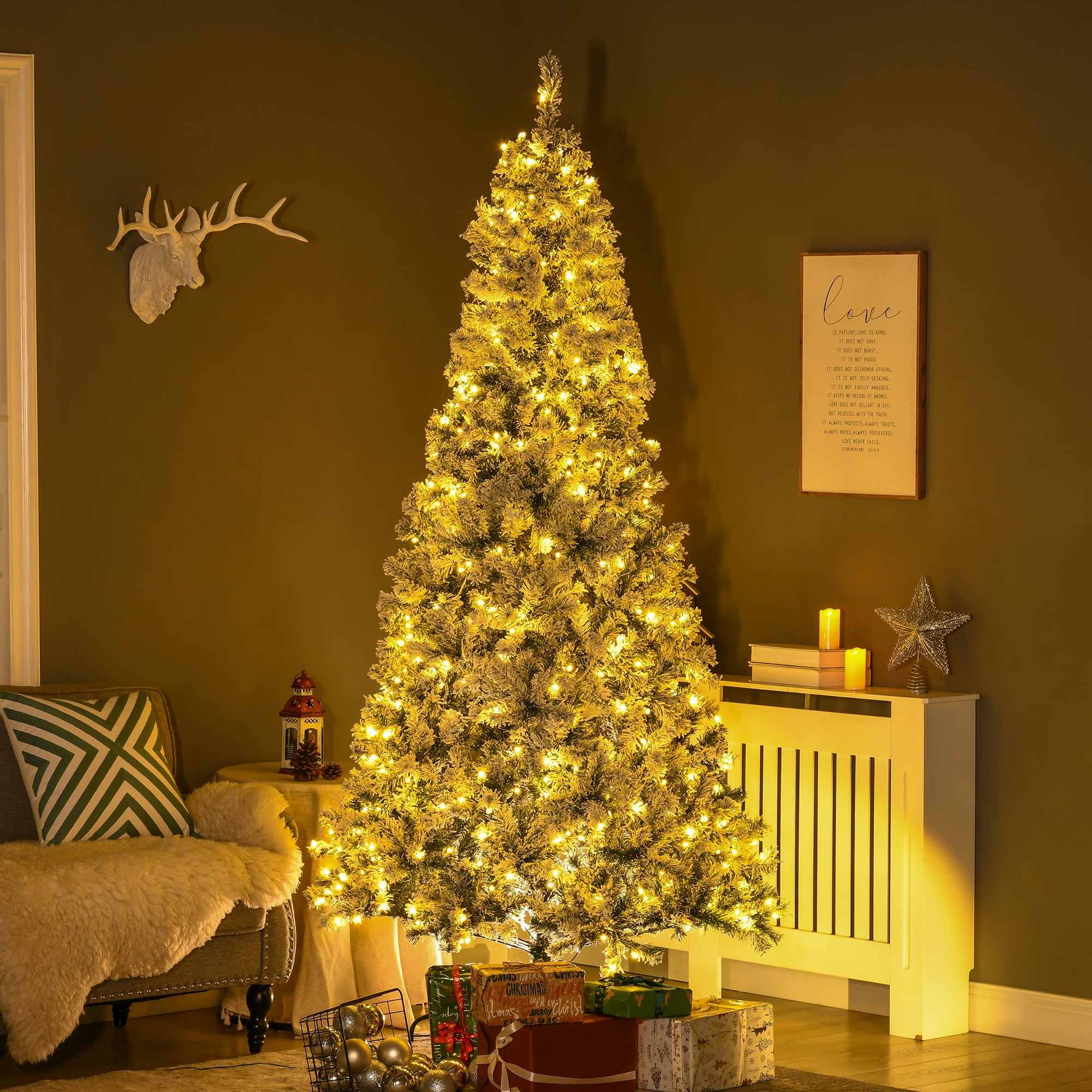 HOMCOM 7.5' Prelit Fake Christmas Tree, Flocked Artificial Xmas Tree ...