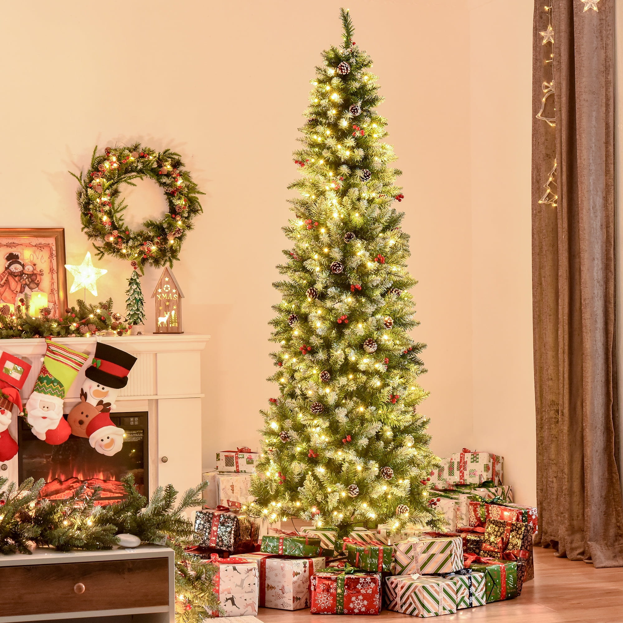 HOMCOM Pre-Lit 7.5ft Snow-Dipped Xmas Tree with 350 LED Lights, Pine ...