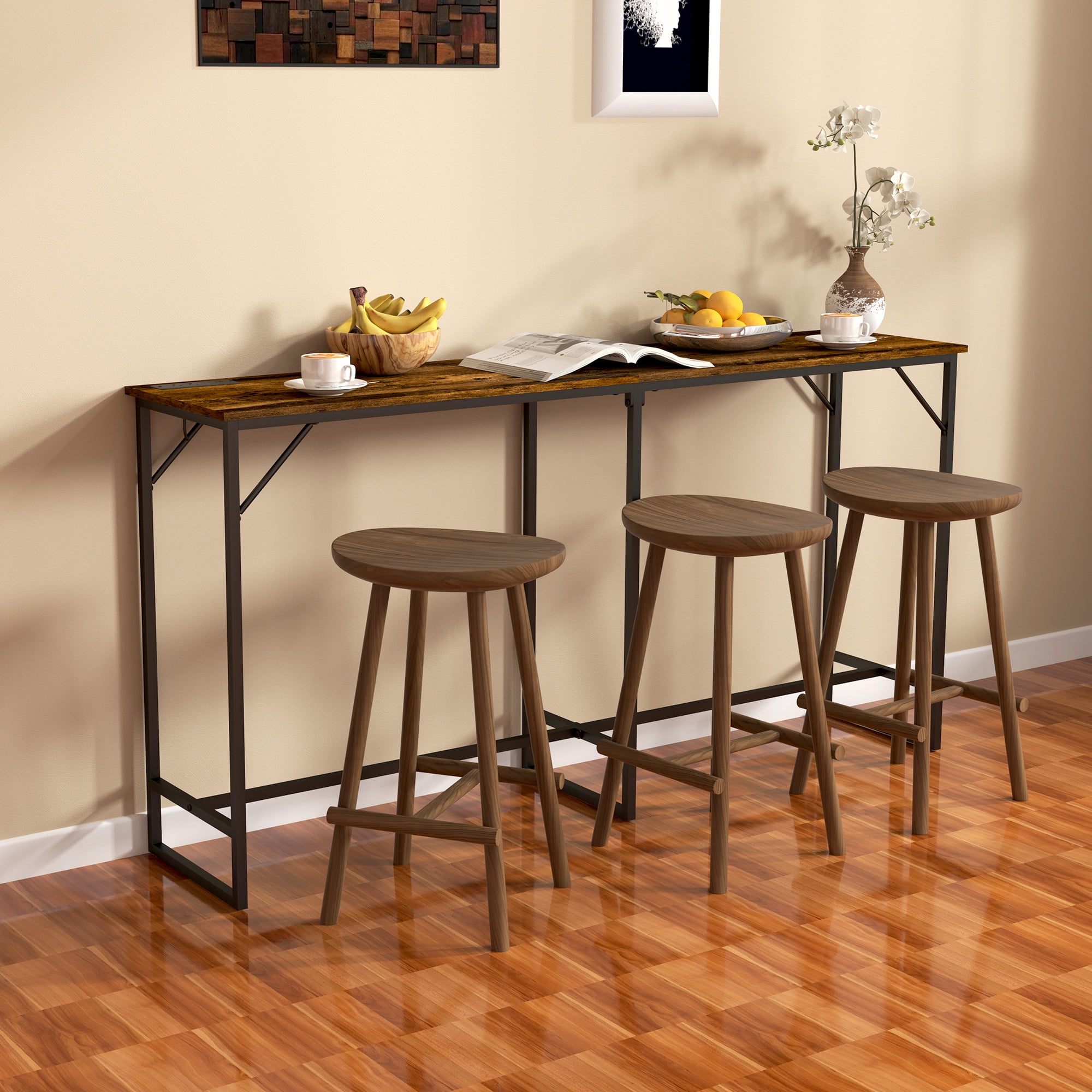 HOMCOM 70" Long Bar Table with Charging Station, Industrial Style ...