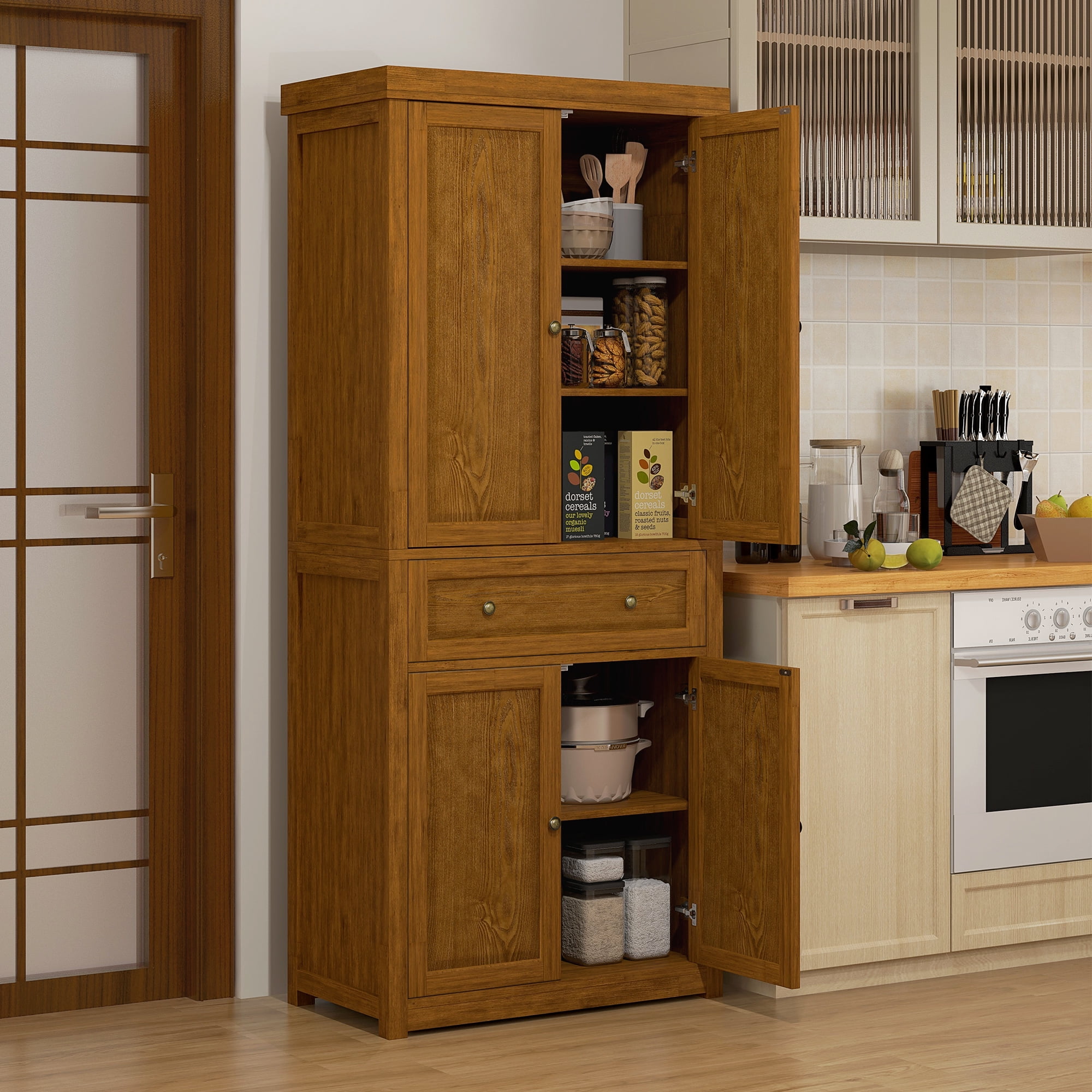HOMCOM 72.5" Farmhouse Kitchen Pantry Storage Cabinet Distressed Brown ...