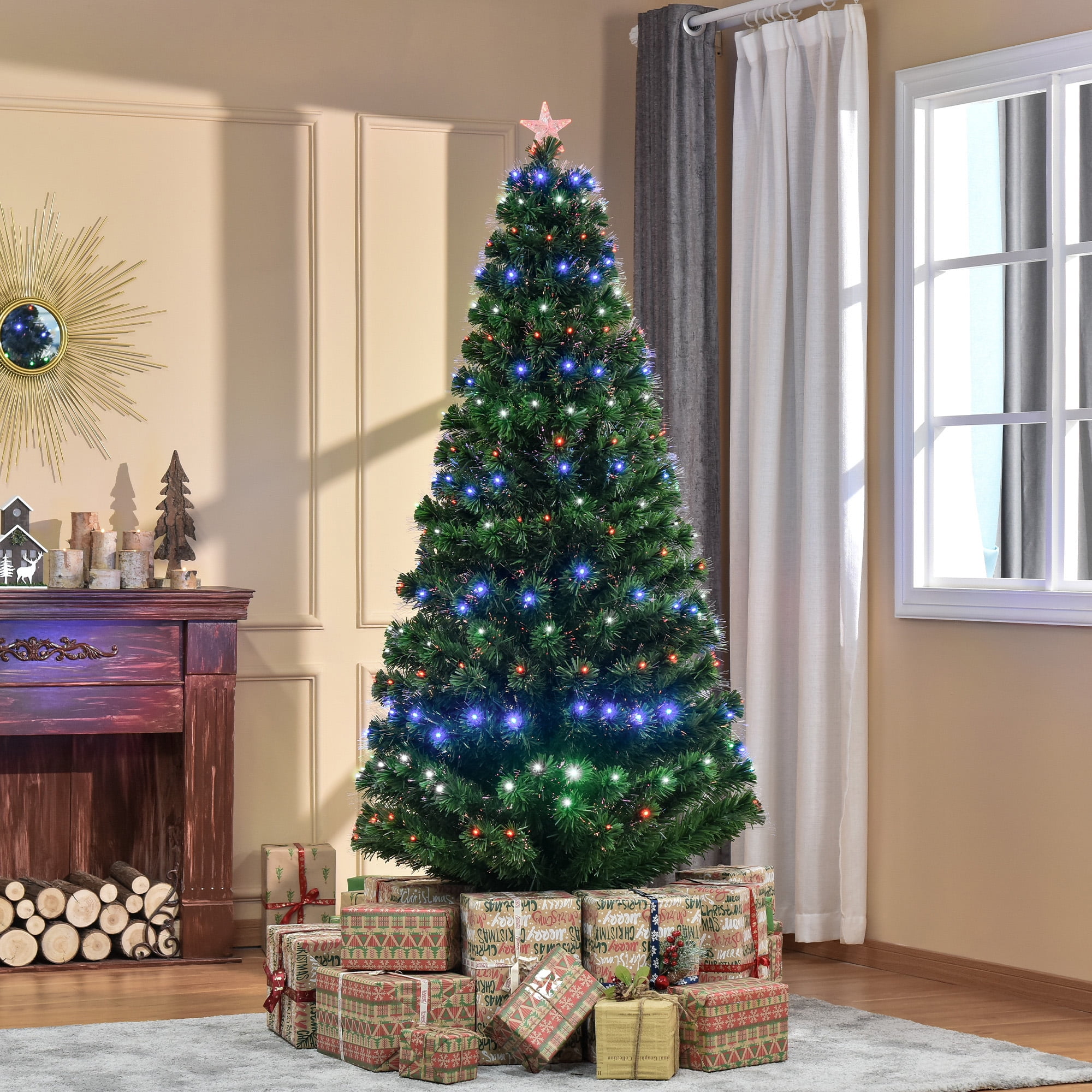 7ft HOMCOM Pre-Lit Fiber Optic Artificial Christmas Tree, LED Lights ...