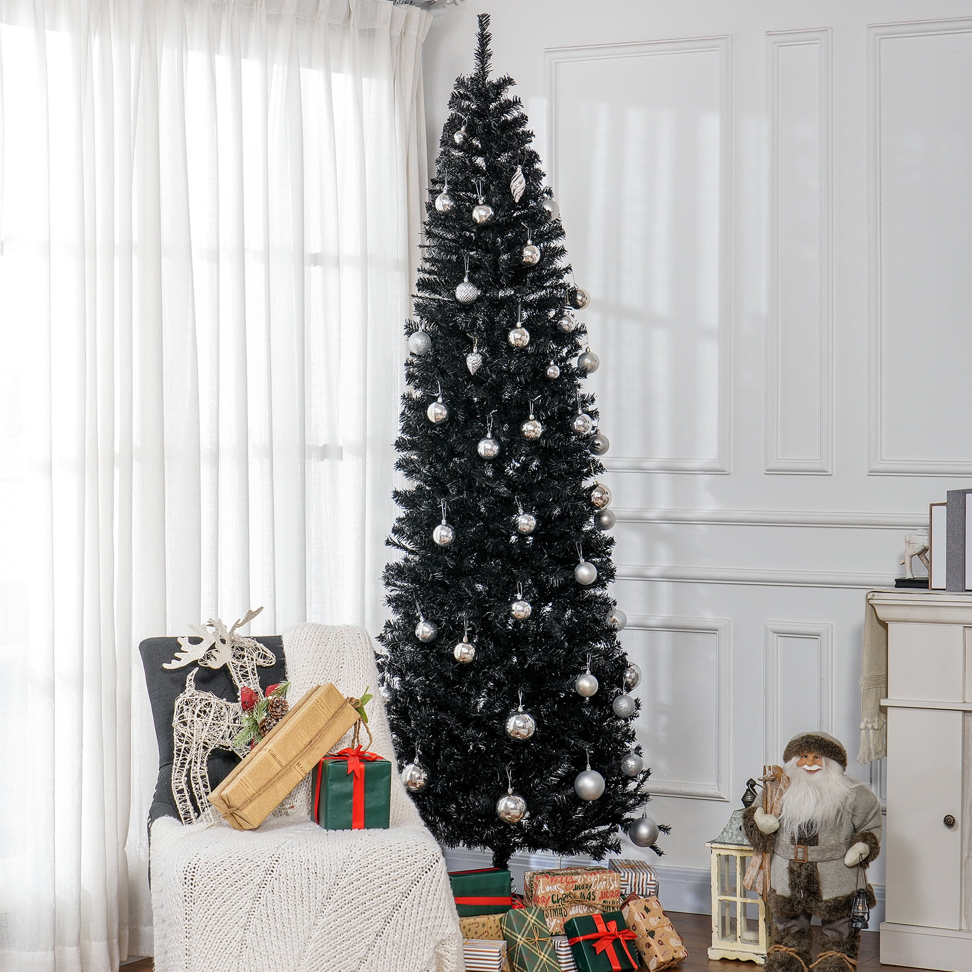 HOMCOM 8' Unlit Pencil Christmas Tree Holiday Decor with Stand, Black ...