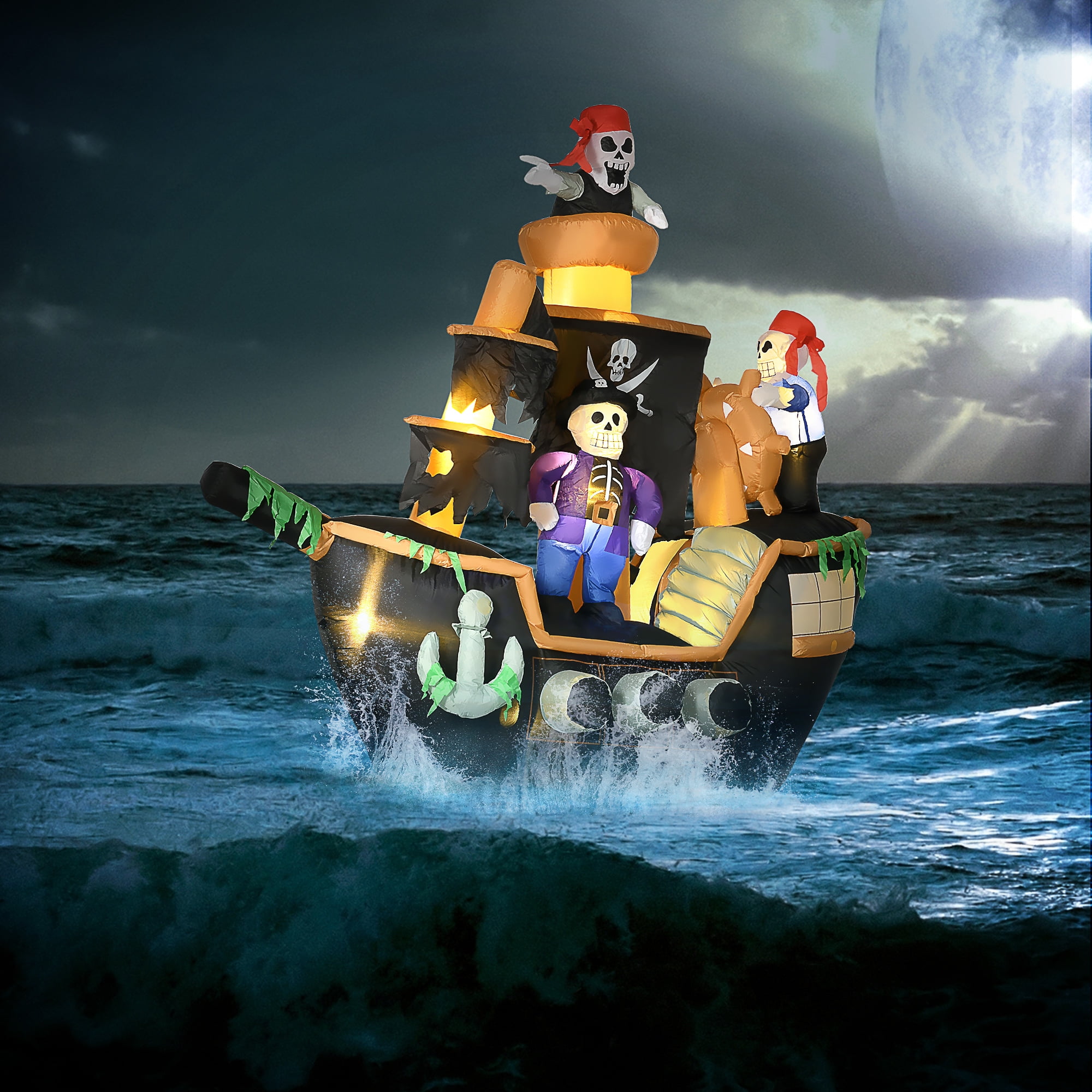 "HOMCOM 83.5"" Halloween Inflatable Skeleton Pirate Ship Yard Blow ...