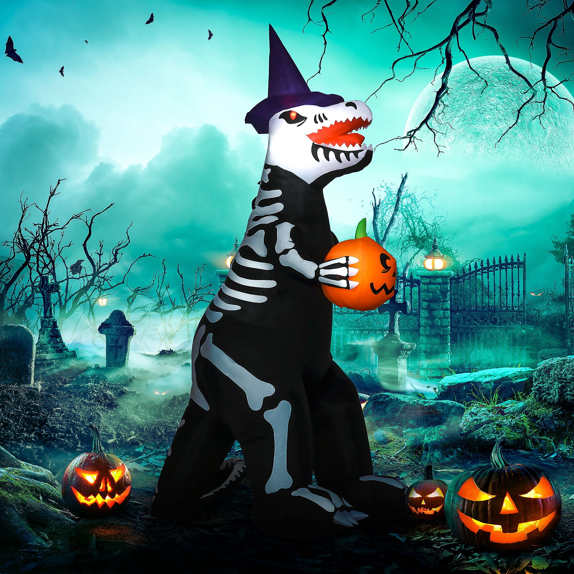 HOMCOM 8FT Halloween Inflatable Skeleton Dinosaur with Pumpkin LED ...