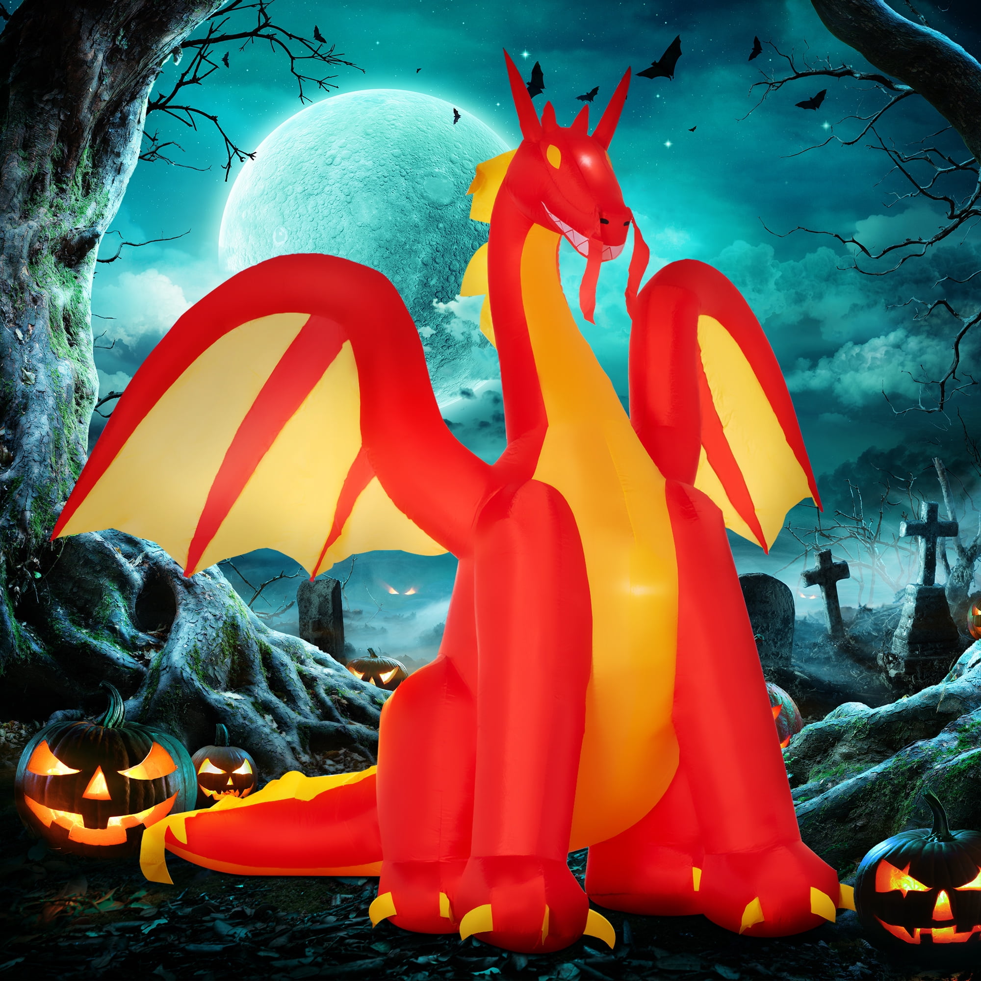 HOMCOM 9.5ft Halloween Inflatables, Giant Inflatable Fire Dragon, Blow ...