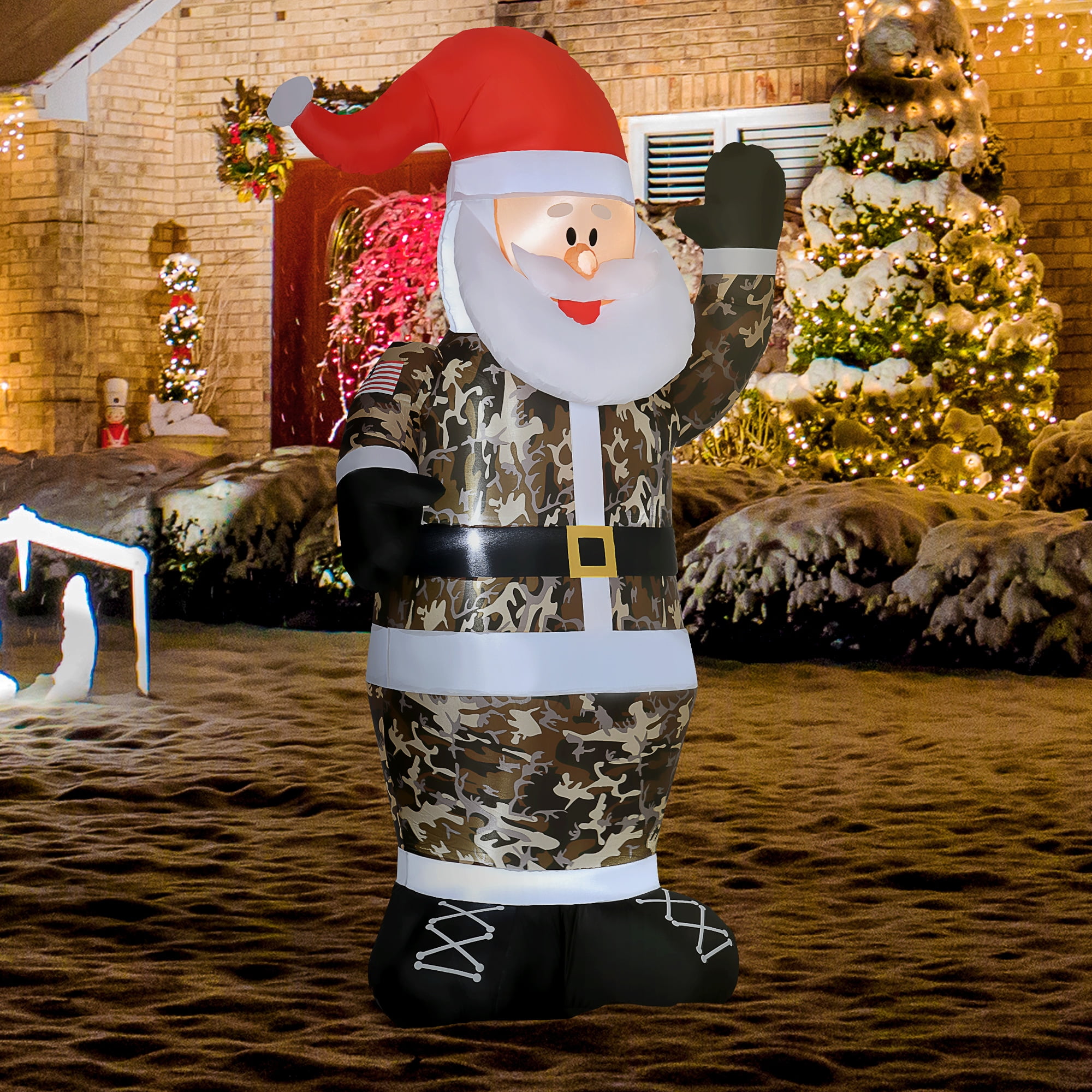 HOMCOM 8ft Christmas Inflatable Santa Claus Wearing Camouflage, Outdoor ...