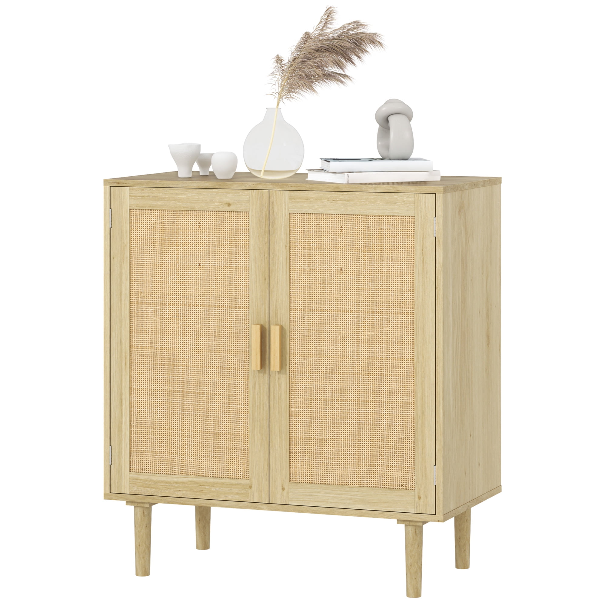 HOMCOM Bohemian Sideboard with 2 Rattan Doors and Shelves, Oak ...